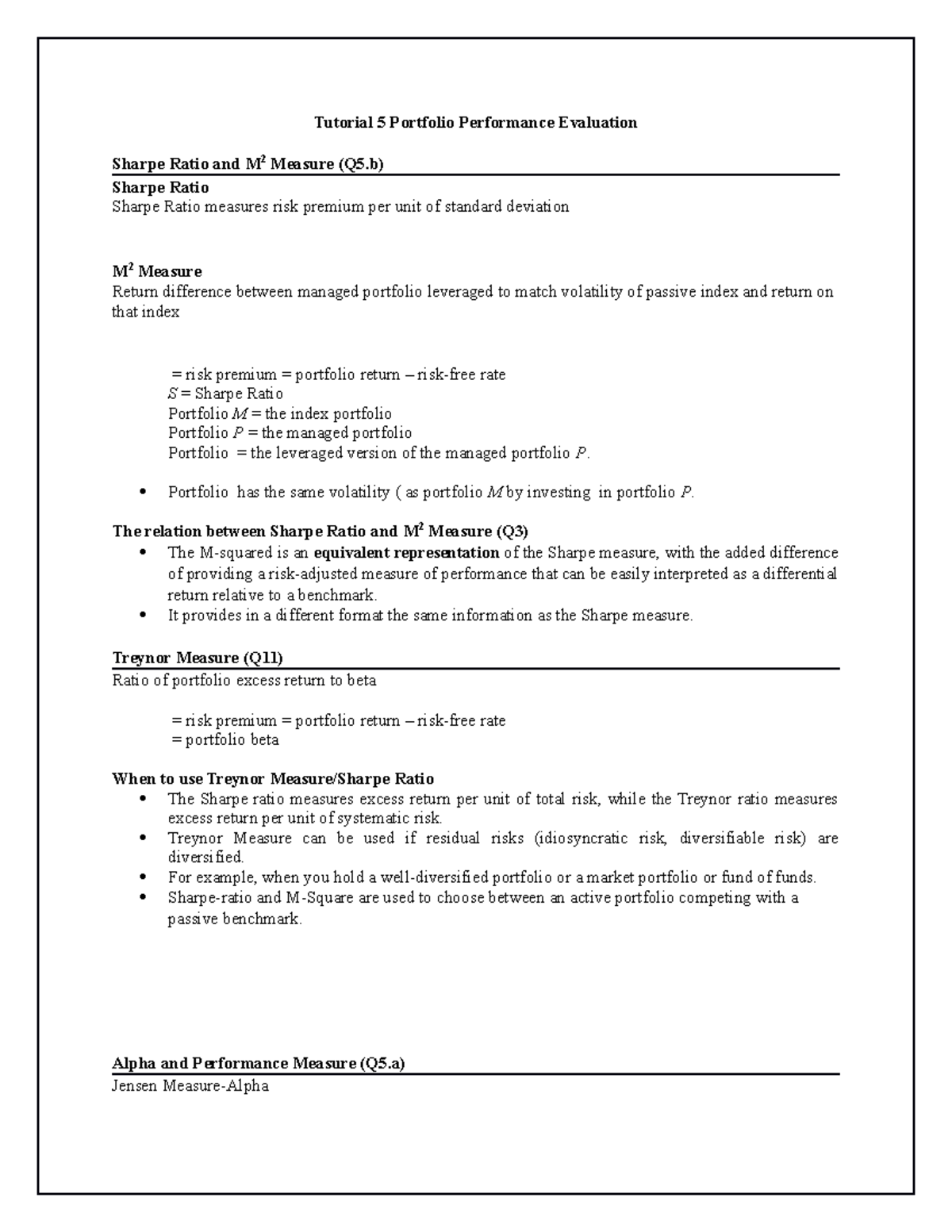 Summary Tutorial 5 Notes - Portfolio and Fund Management - Tutorial 5 ...