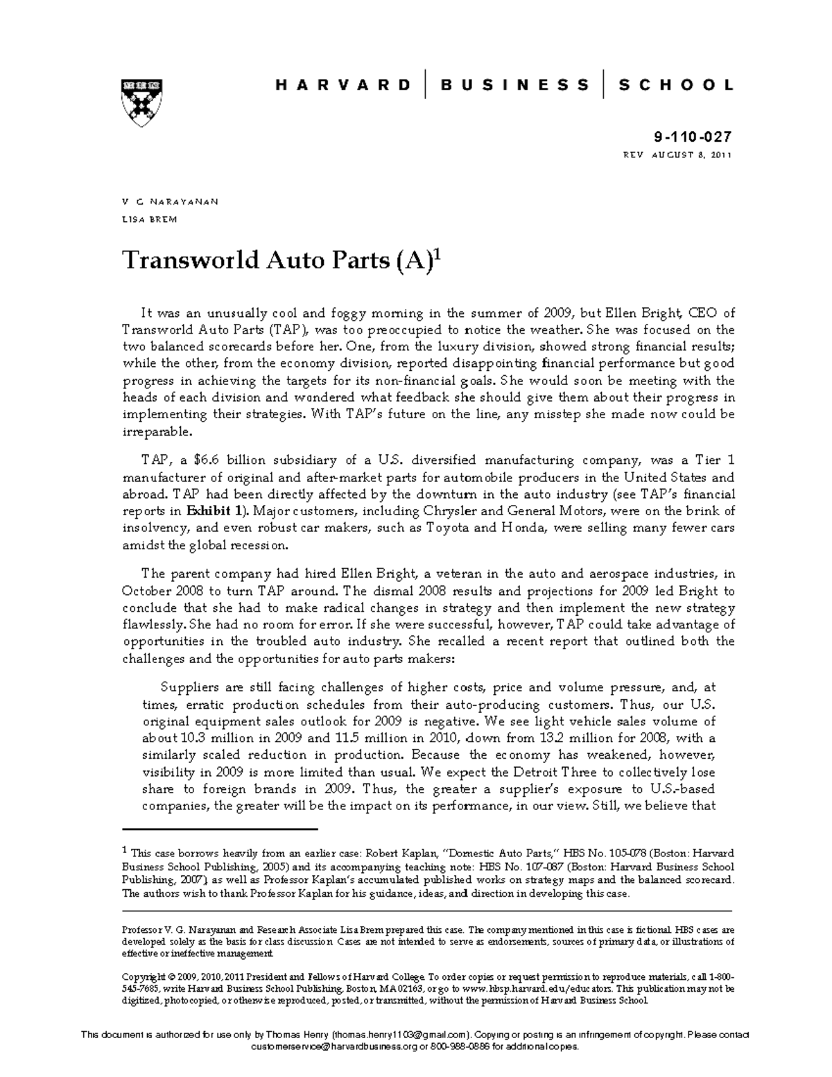 10-SMKO-Transworld Auto Parts (A) Case Study by V.G. Narayanan and Lisa ...