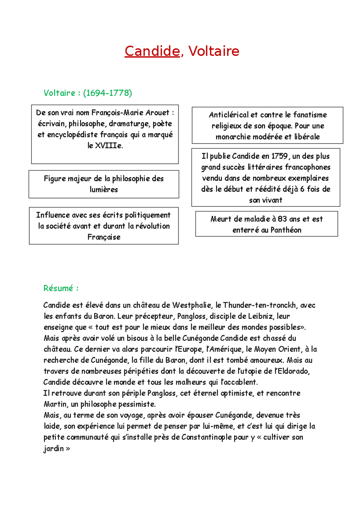 Fiche texte 15 - bonjour - Candide, Voltaire Voltaire : (1694-1778 ...