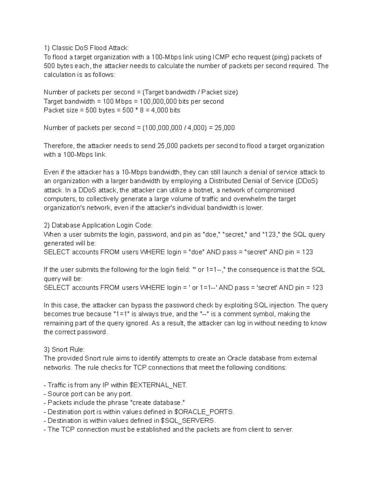 Assignment 3 351 - Classic DoS Flood Attack: To flood a target organization with a 100-Mbps link ...