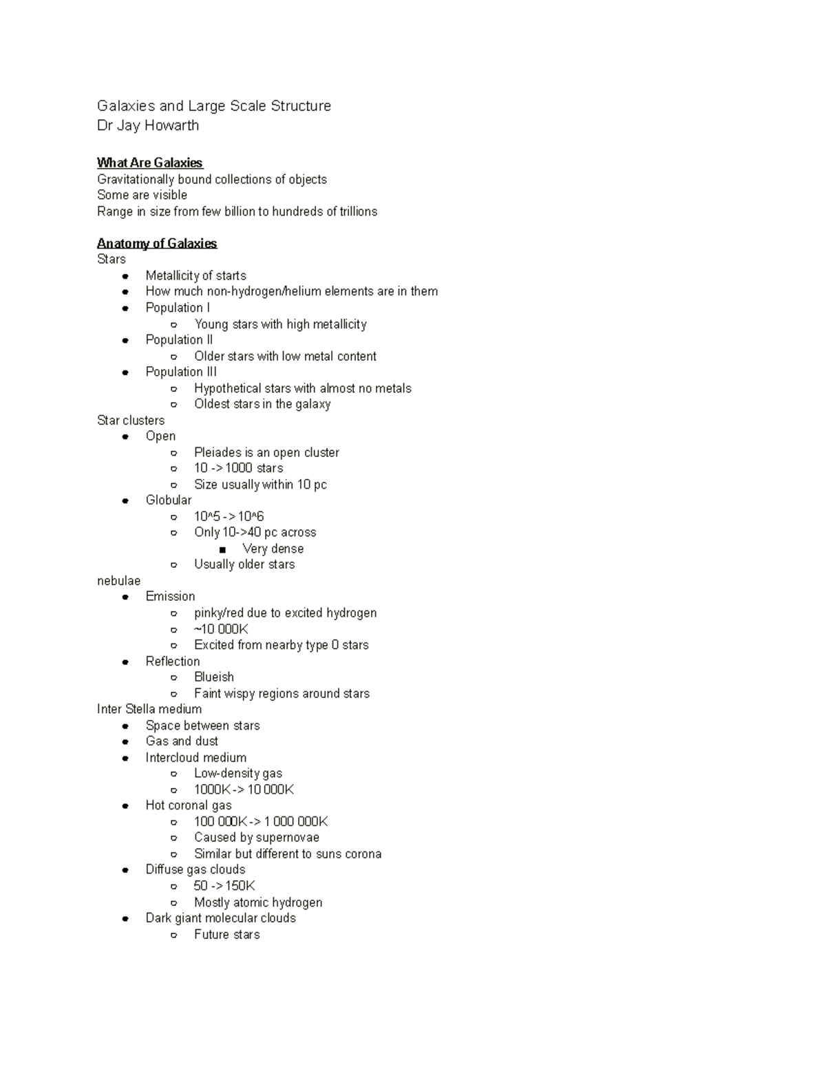 Galaxies And Large Scale Structures Bullet Pointed Key Concepts 2019 2020 Galaxies And Large 