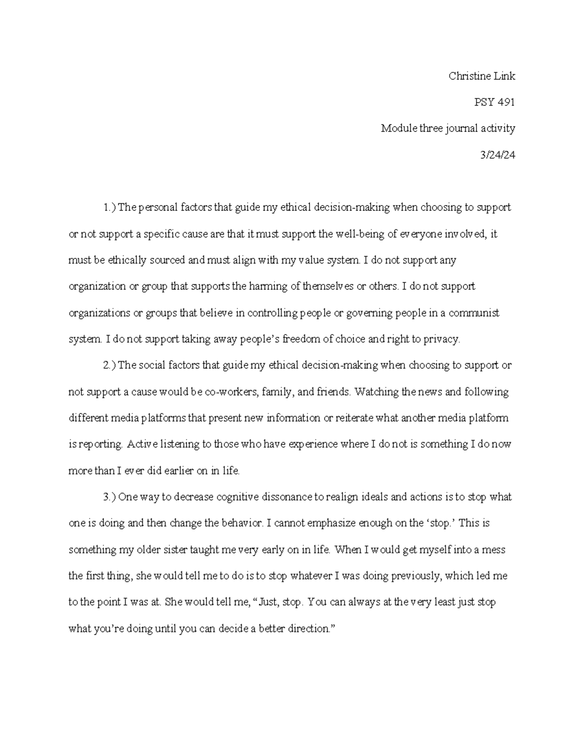 PSY 491 Module three journal activity - Christine Link PSY 491 Module ...