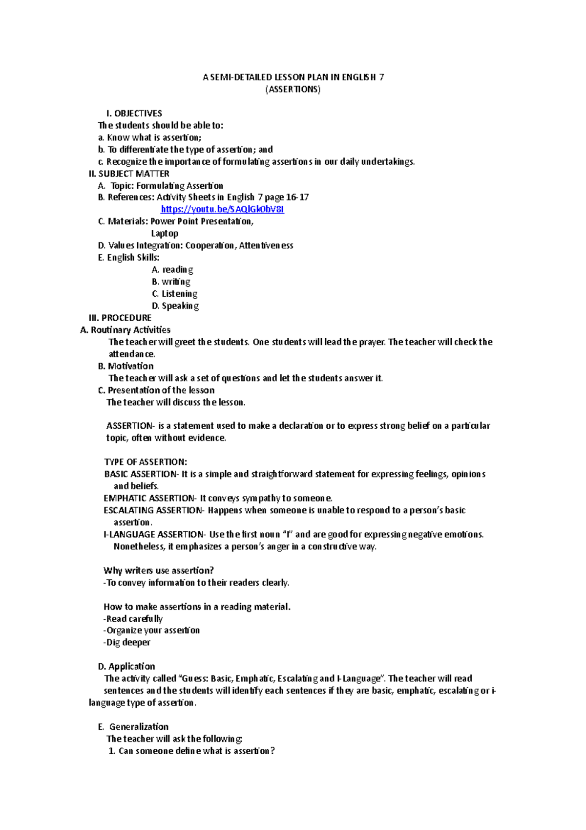 Lesson plan assertion - A SEMI-DETAILED LESSON PLAN IN ENGLISH 7 ...