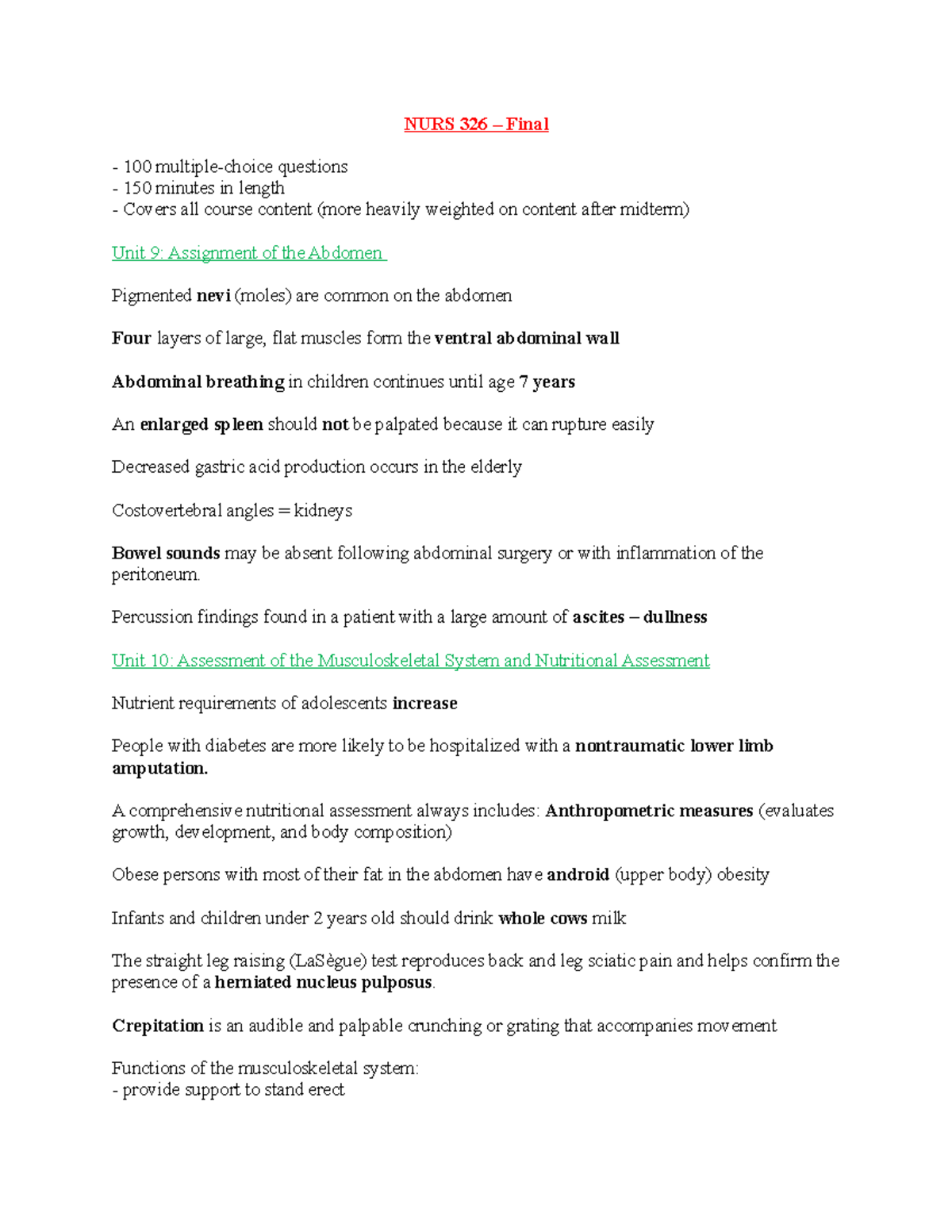 NURS 326 - final - chapter 9-14 summaries - NURS 326 – Final 100 ...