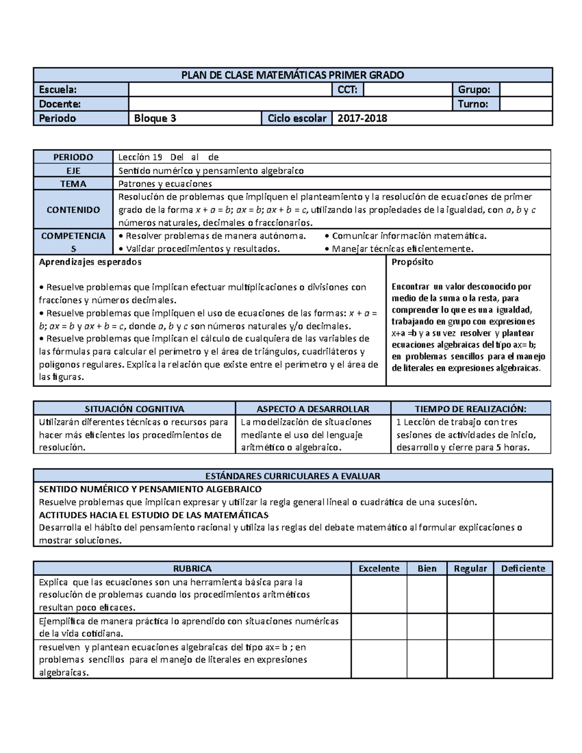 Leccion 19 - sdddddd - PLAN DE CLASE MATEMÁTICAS PRIMER GRADO Escuela ...