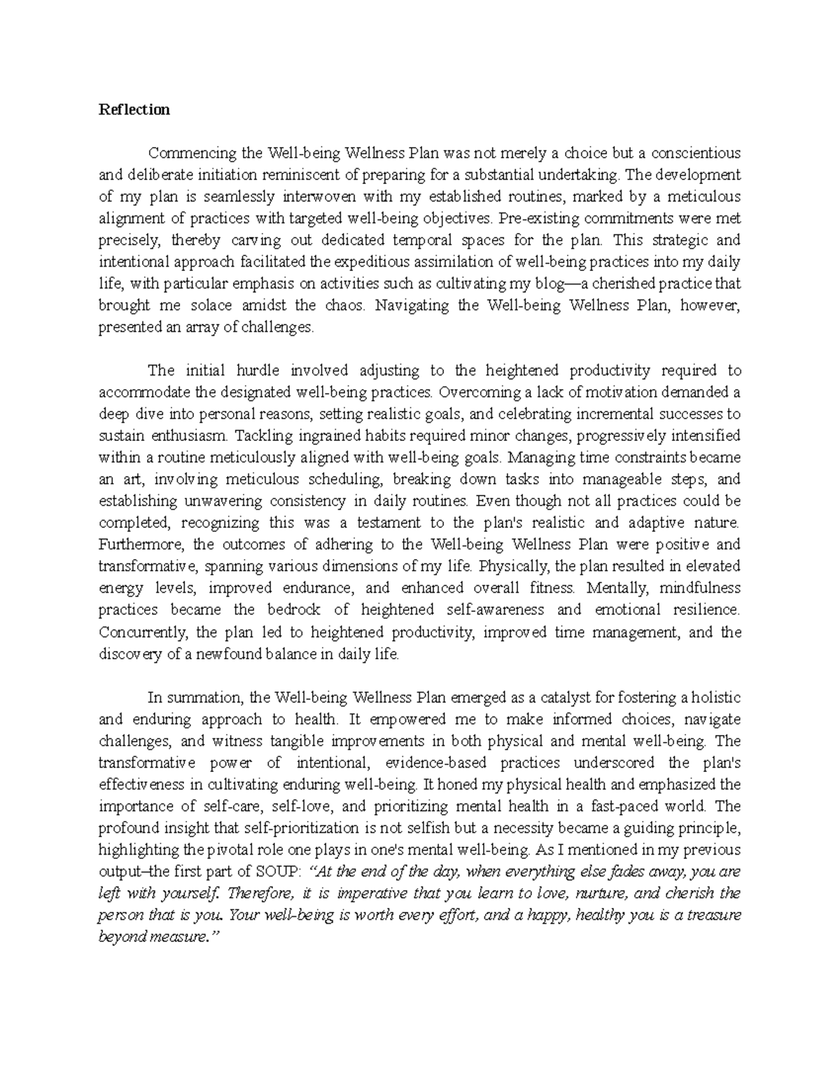 Reflection - Reflection Commencing the Well-being Wellness Plan was not ...