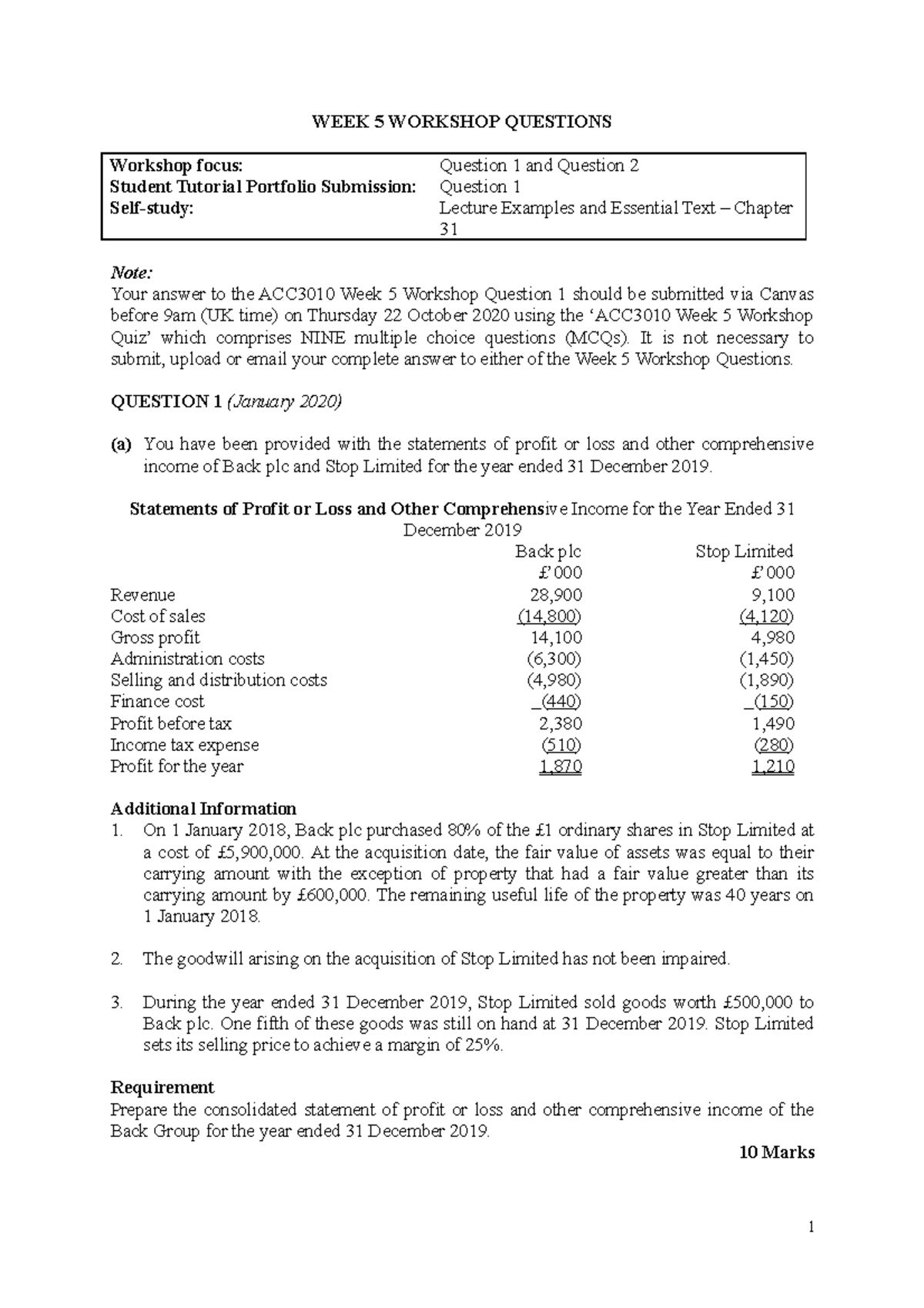 Week 5 Workshop Questions - WEEK 5 WORKSHOP QUESTIONS Workshop focus ...