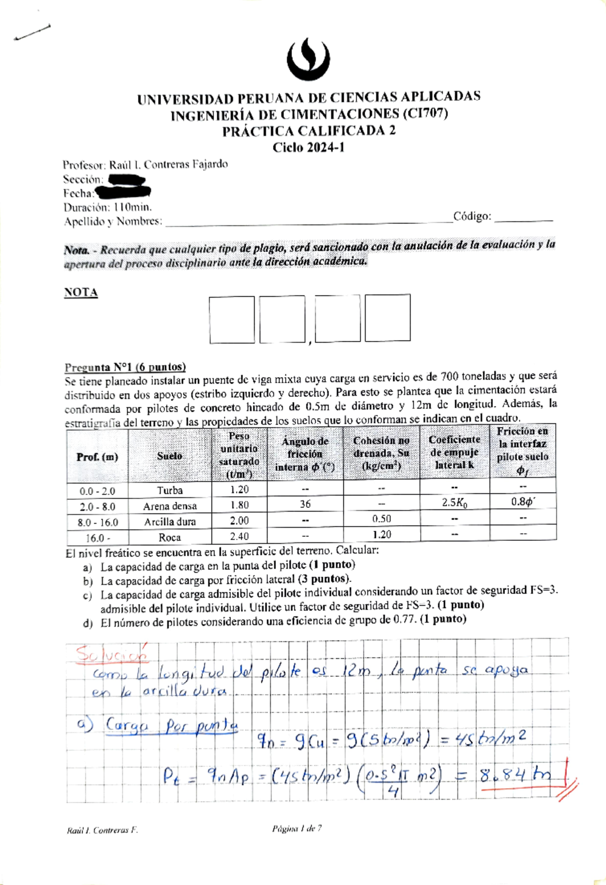 Ing. Cimentaciones PC2-Solucionario - Profesor: Raúl l. Contreras Fajardo Sección: Fecha ...