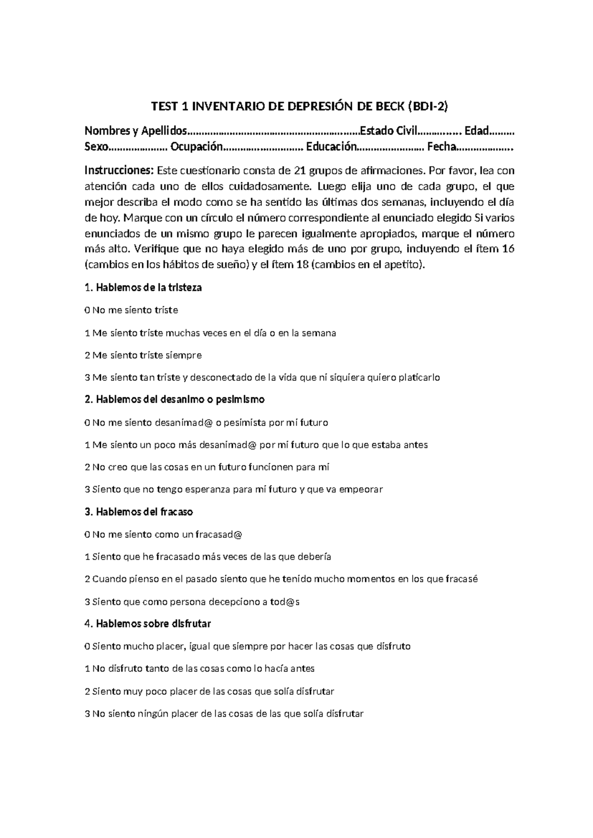 TEST 1 Inventario DE Depresión DE BECK (BDI-2) - TEST 1 INVENTARIO DE ...