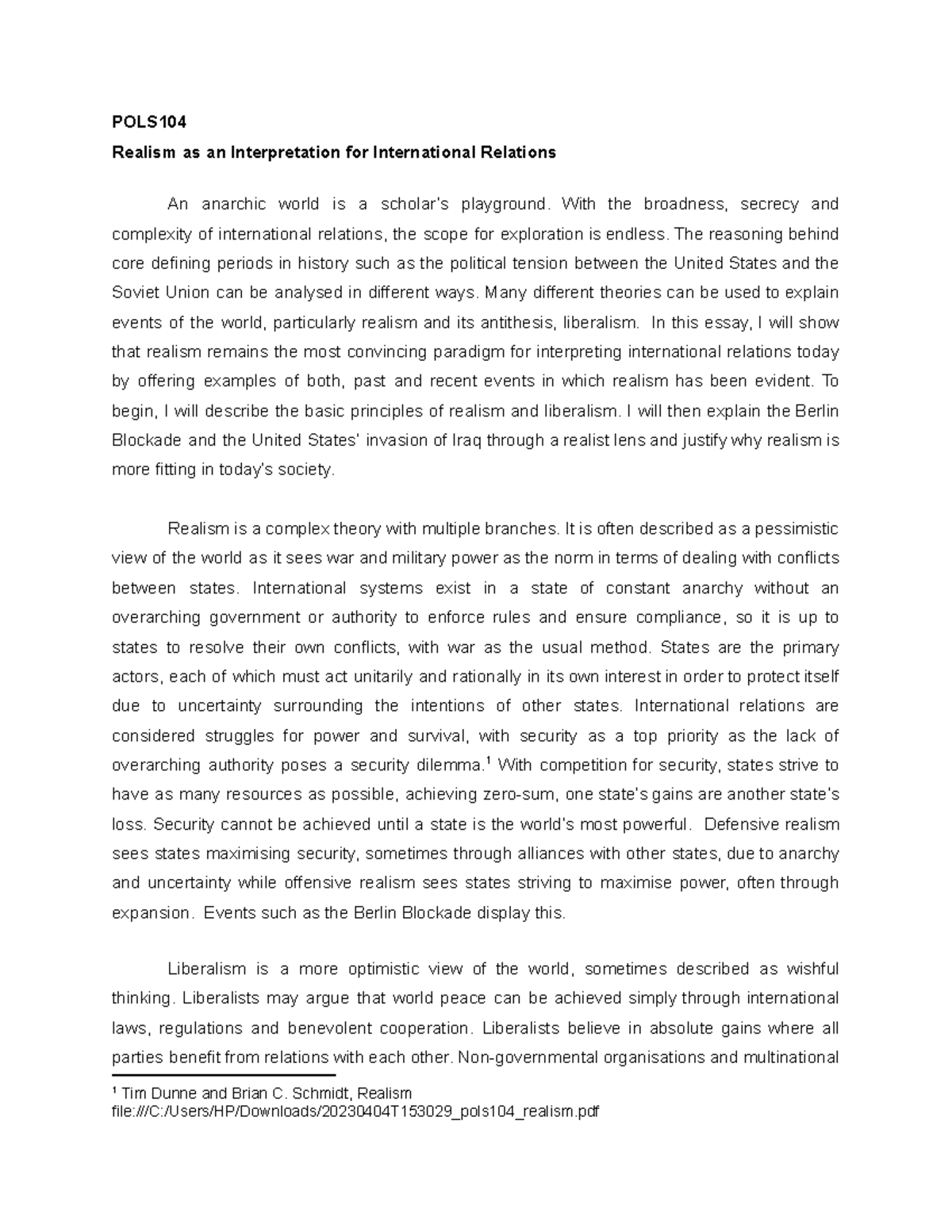 pols104 realism essay - POLS Realism as an Interpretation for ...