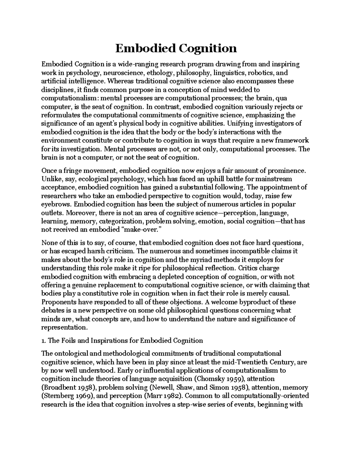 Lecture in Embodied Cognition - Embodied Cognition Embodied Cognition ...