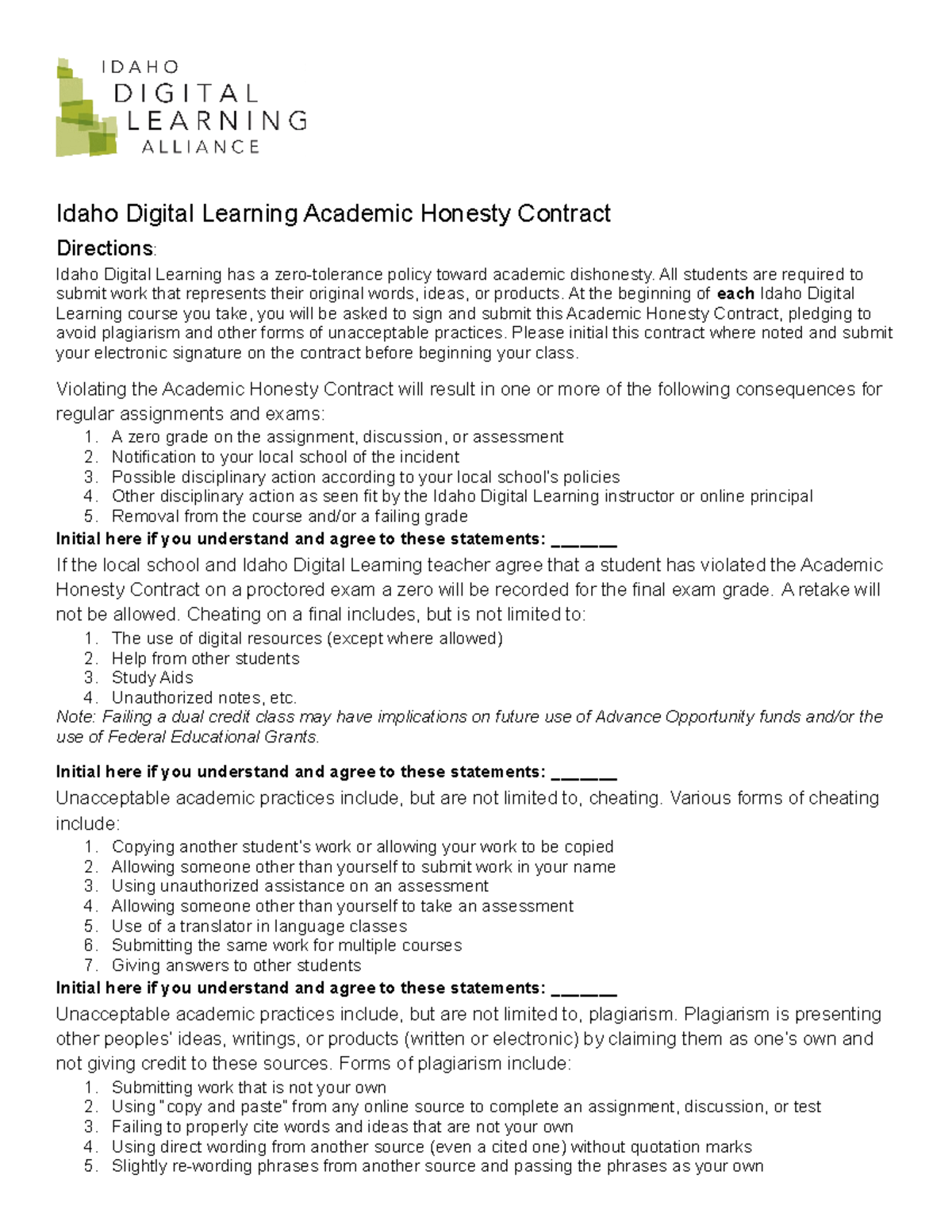 Academic Honesty Contract 3 - Idaho Digital Learning Academic Honesty ...