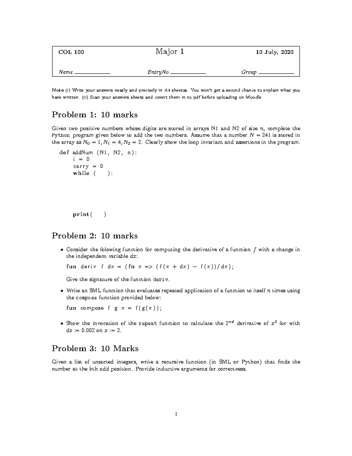Sample Paper - cbnbn bn - COL 100 Major 1 10 July, 2020 Name EntryNo Group Note (i) Write your ...
