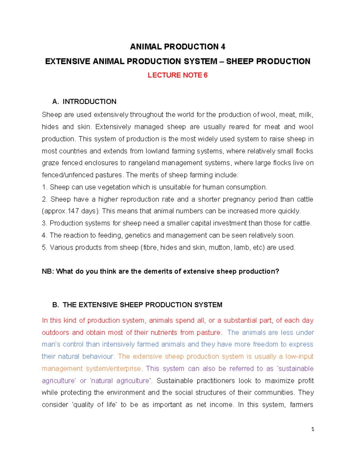 Lecture 6 Sheep Production - ANIMAL PRODUCTION 4 EXTENSIVE ANIMAL ...