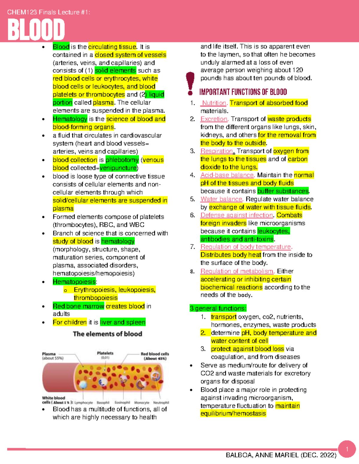F#1 Blood - 2nd year, 1st sem biochem notes - 1 Blood Blood is the ...