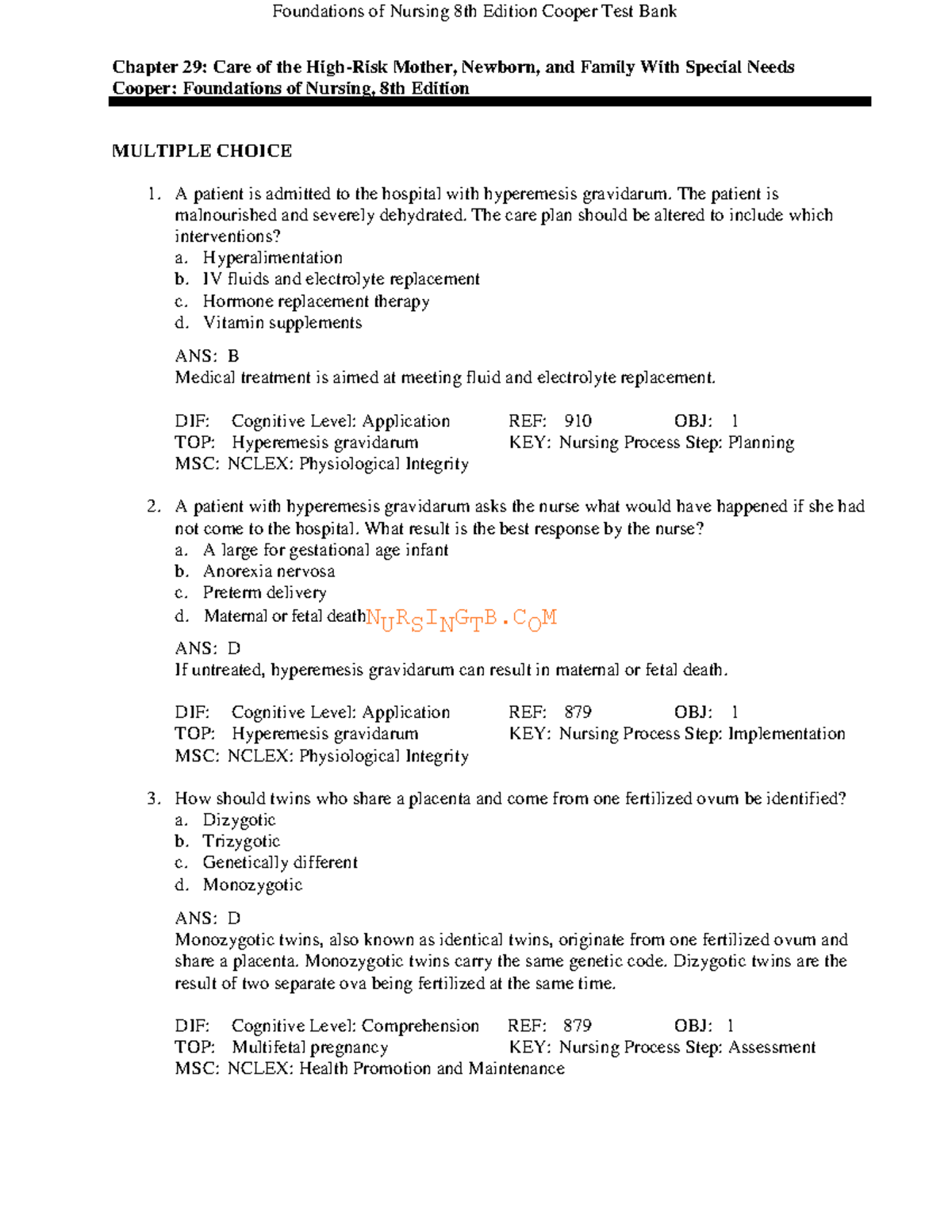 Fon ch 29 - test bank - Chapter 29: Care of the High-Risk Mother ...