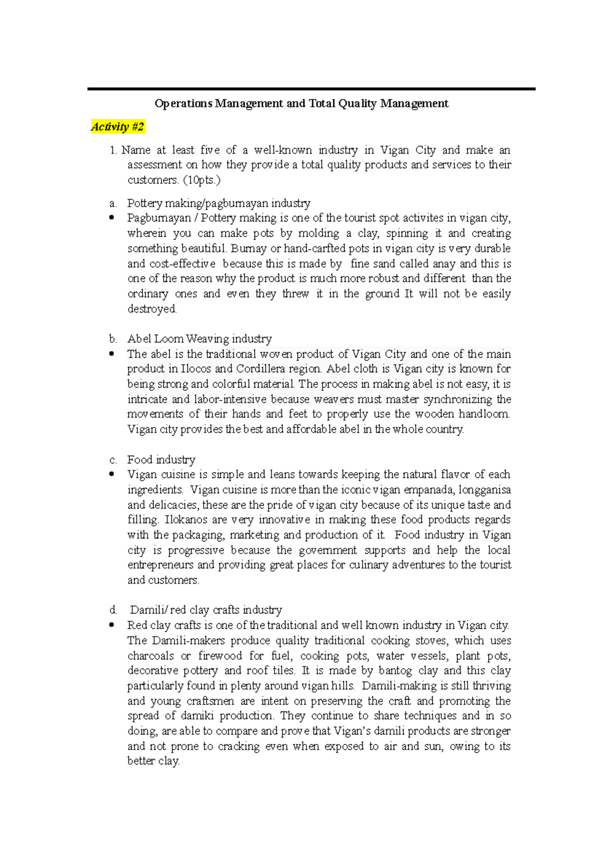 Activity 2 (assignment) - Operations Management and Total Quality Management Activity # Name at ...