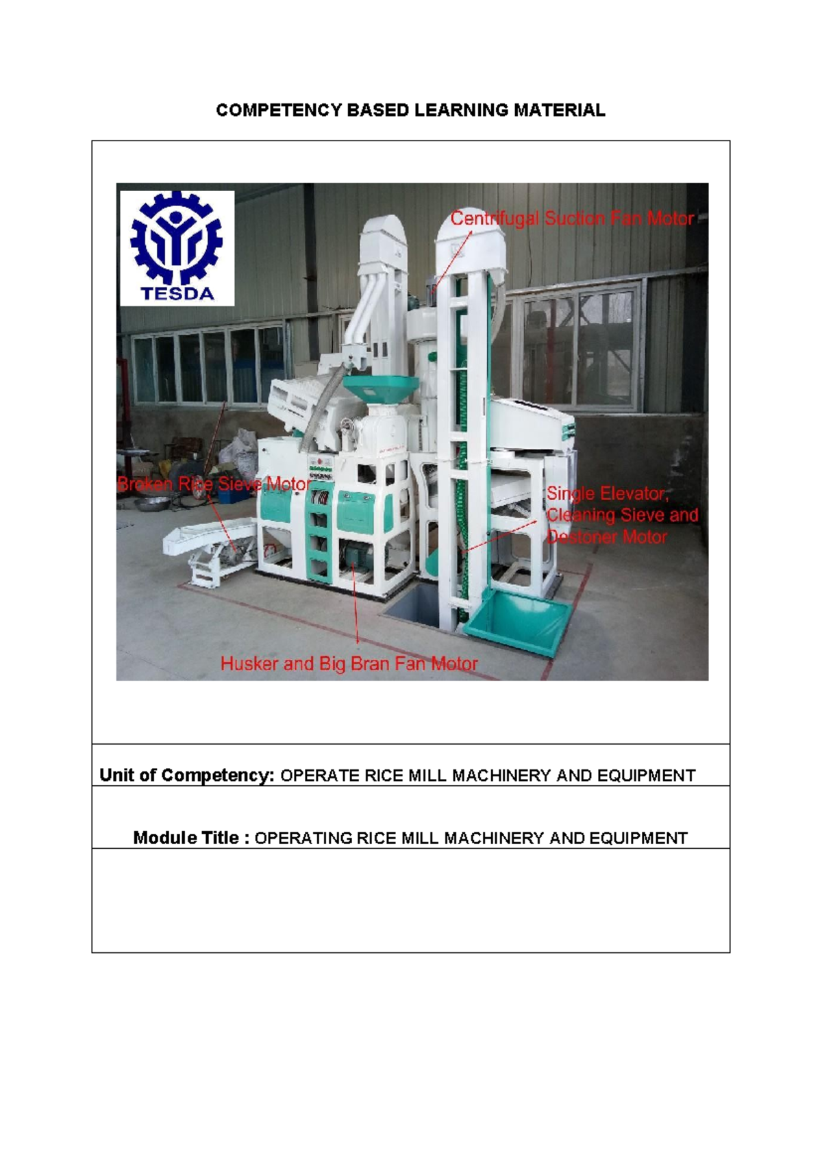 Rice Machinery - COMPETENCY BASED LEARNING MATERIAL Unit of Competency ...