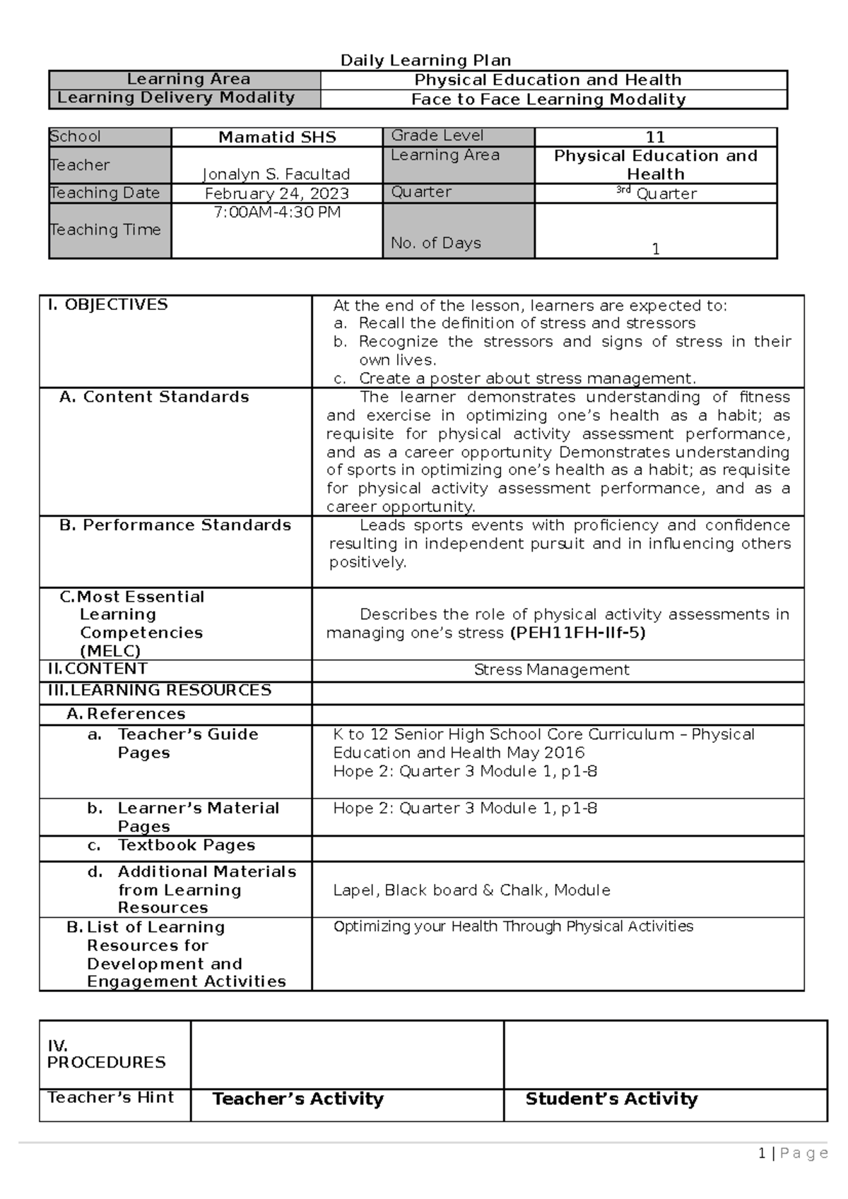 DLP-PE-11 Week 2 - This is a Learning Plan of Physical Education and ...