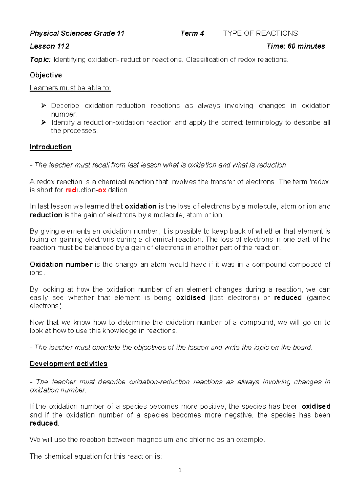 Classification of redox reactions - Physical Sciences Grade 11 Term 4 ...