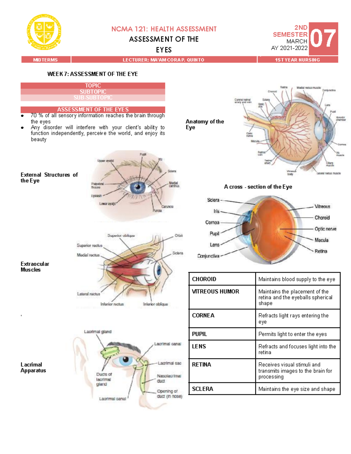 WEEK-7 - Assessment-OF-THE-EYE - NCMA 121: HEALTH ASSESSMENT ASSESSMENT ...