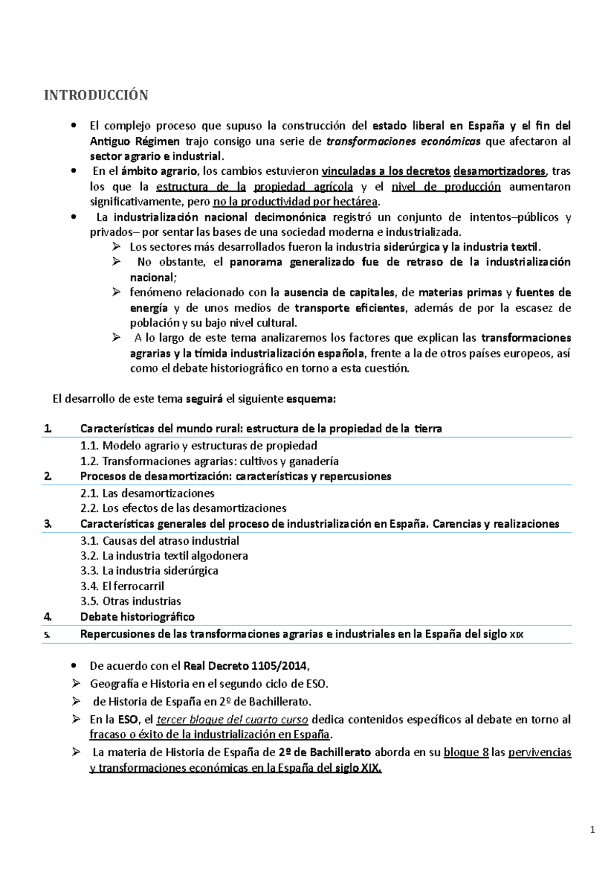 Tema 40. Transformaciones agrarias y proceso de industrializacion en la Espana del siglo XIX ...
