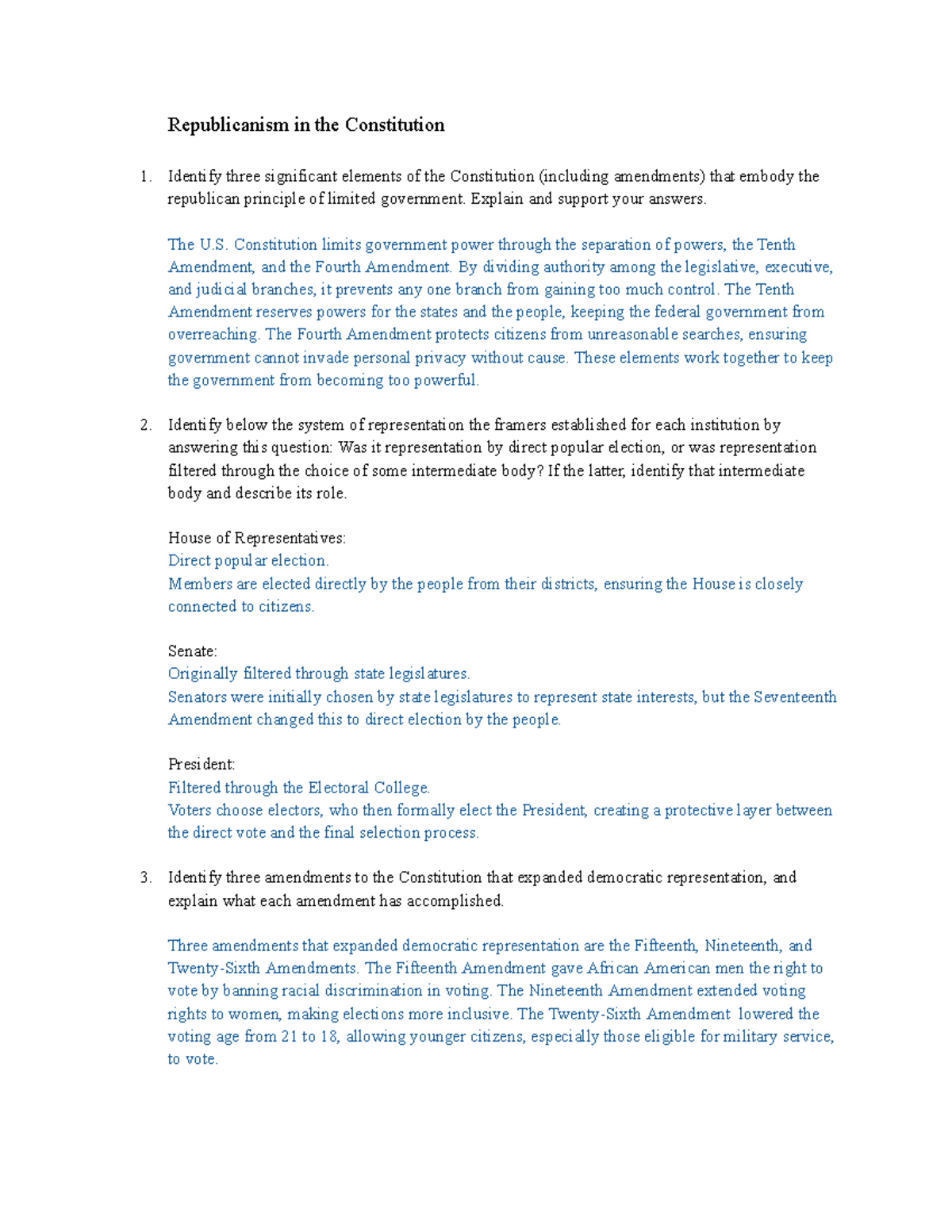 Republicanism in the Constitution - Identify three significant elements ...