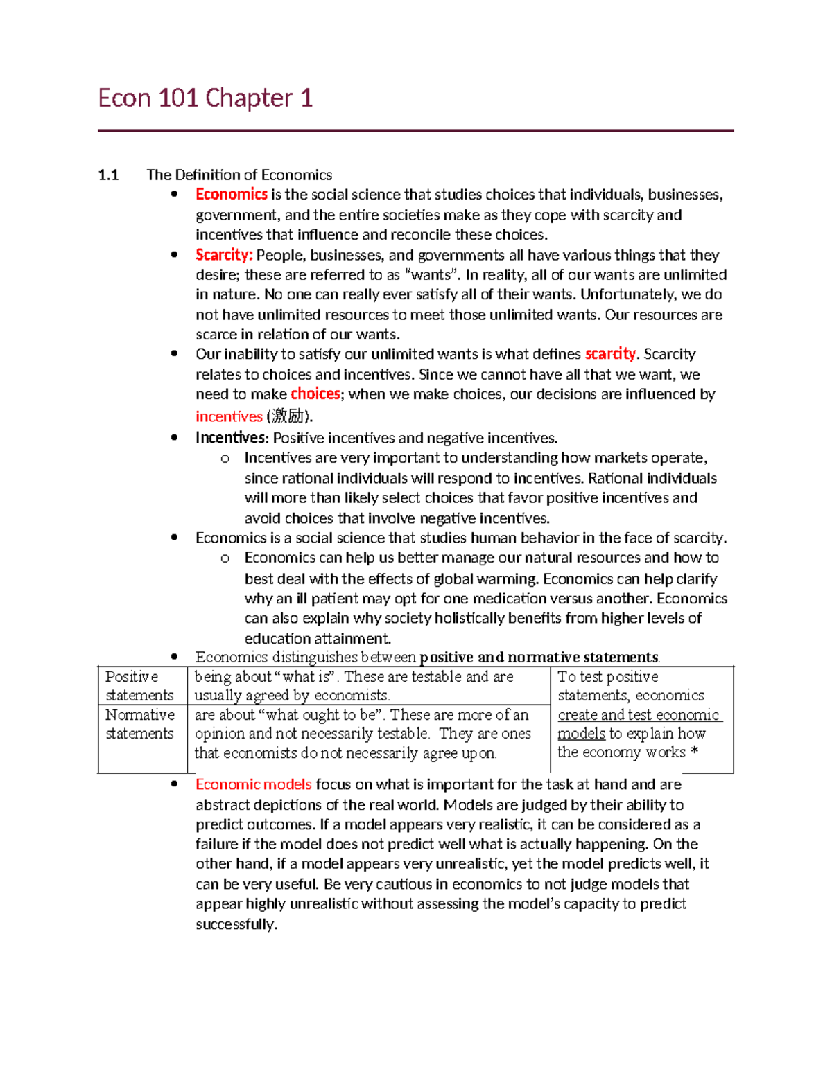 Chapter 1 Notes - Econ 101 Chapter 1 1 The Definition of Economics ...