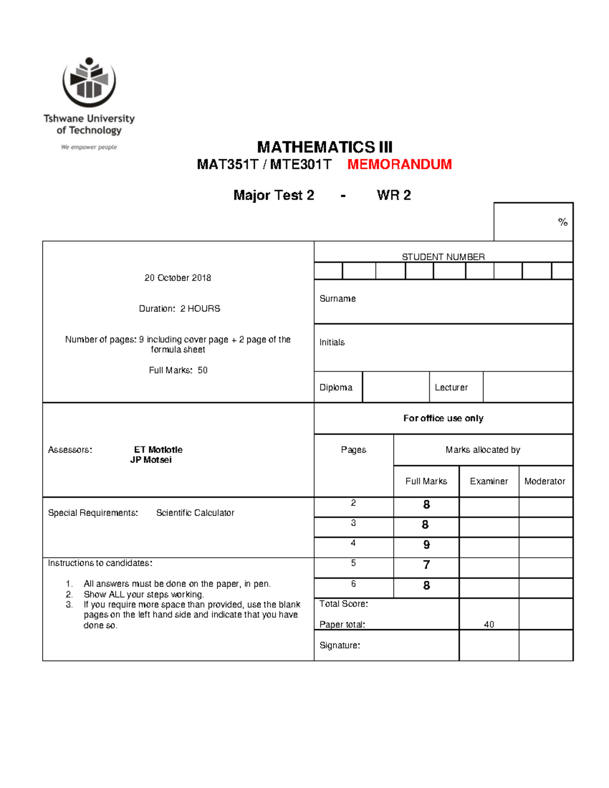 MAT351T-WR2 MEMO 2018 B - MATHEMATICS MAT351T MTE301T Major Test 2 ...