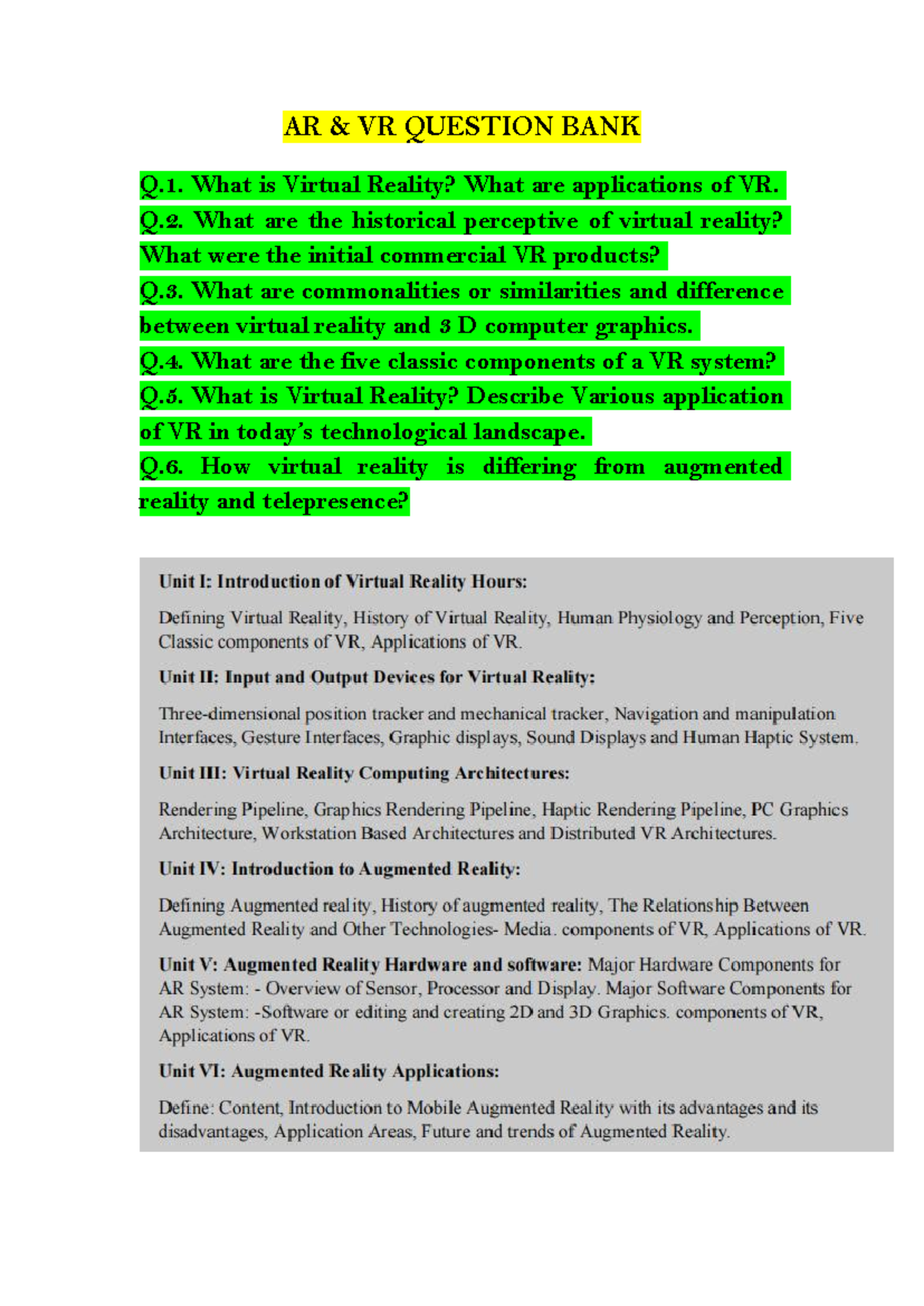 AR VR UNIT 1 (SK) - AR & VR QUESTION BANK Q. What is Virtual Reality ...