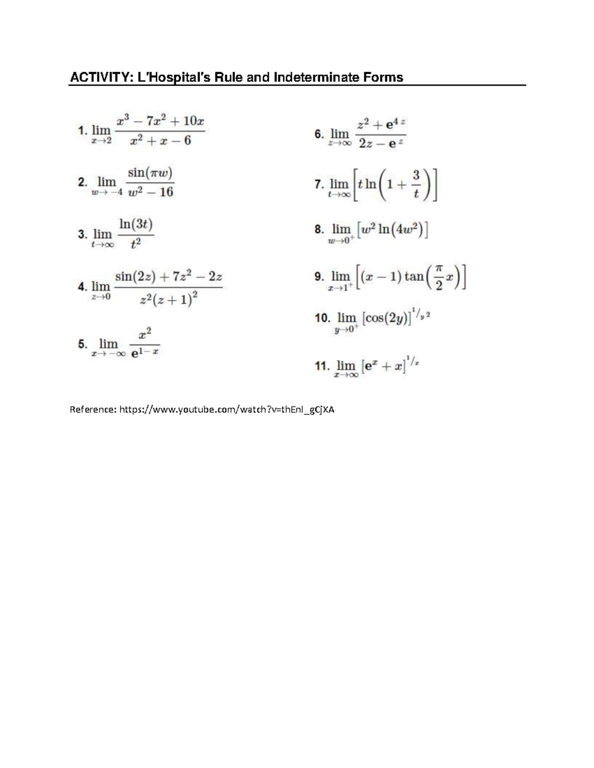 Activity-L'hopitals rule - Bsed-math - ACTIVITY: L'Hospital's Rule and ...