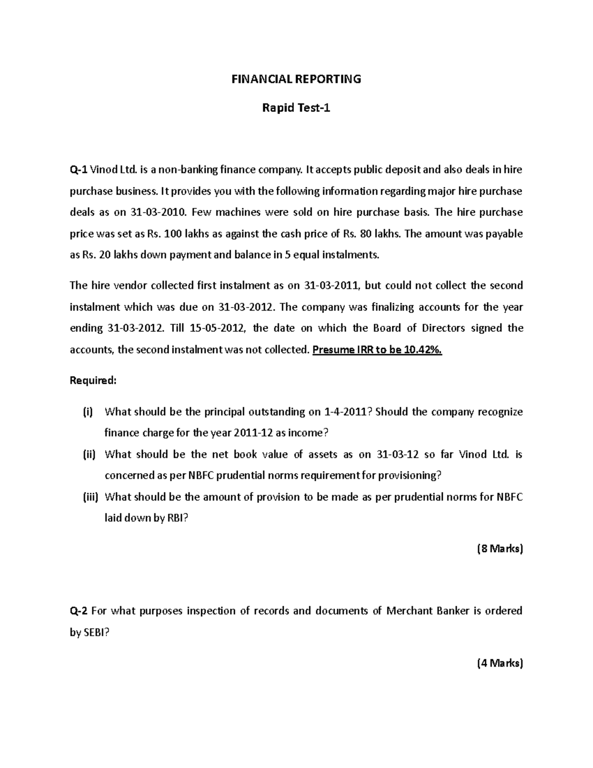 Financial Reporting test 1 Q - FINANCIAL REPORTING Rapid Test- Q-1 ...