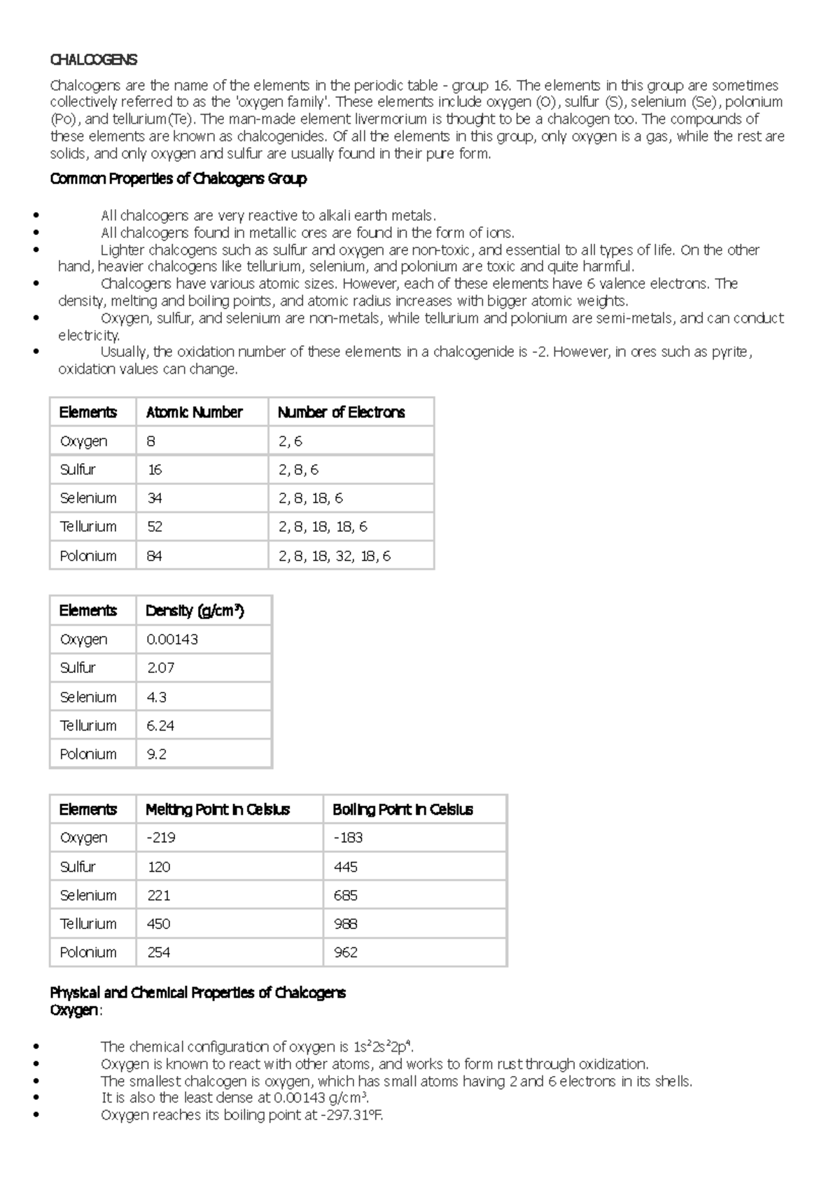 Compiled - Lecture notes for Chalcogens Family - CHALCOGENS Chalcogens ...