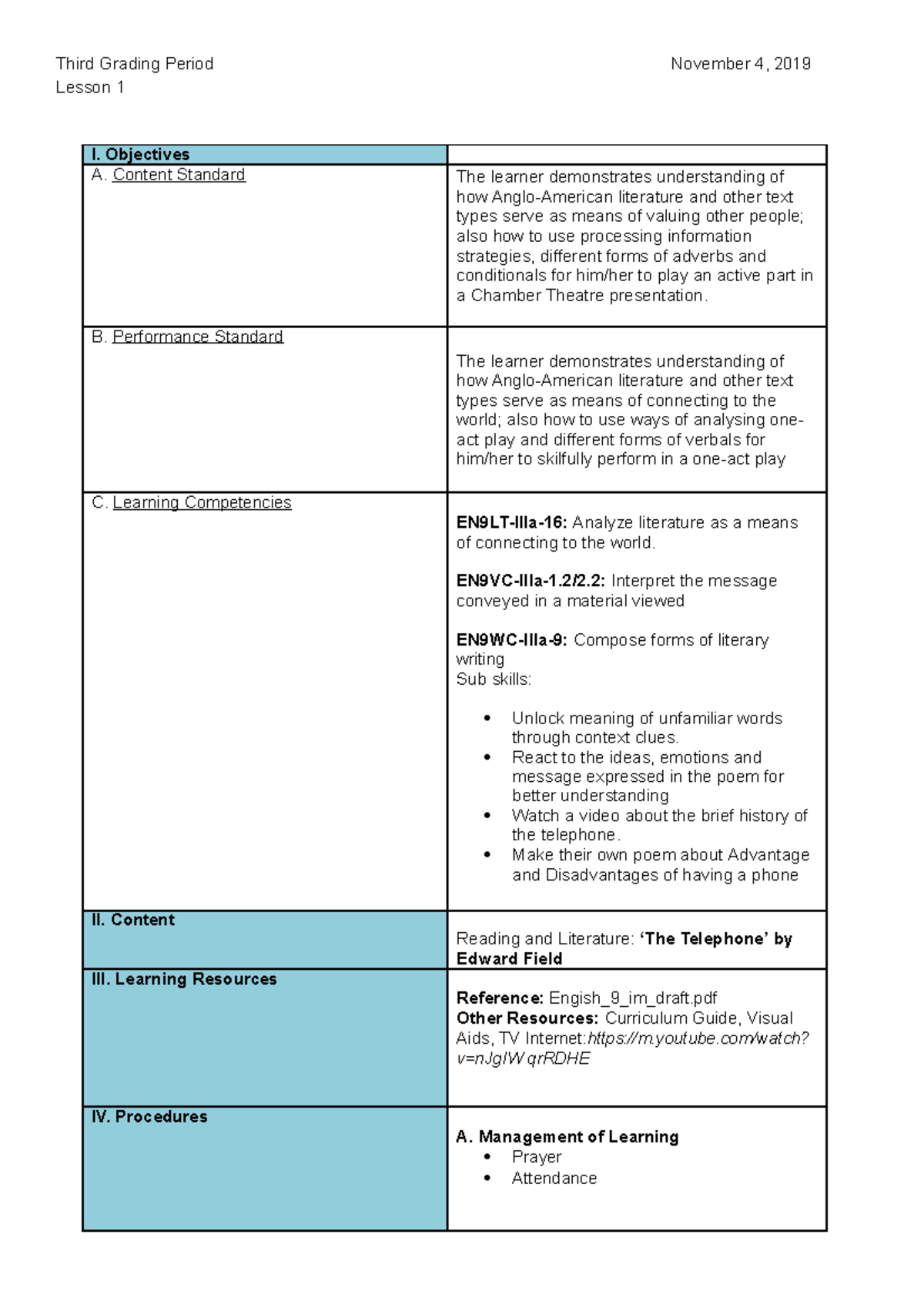 The telephone by edward field - Third Grading Period November 4, 2019 ...