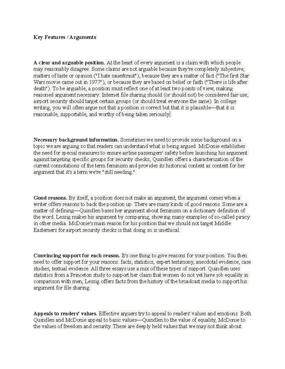 8 Key Features for Writing - Key Features / Arguments A clear and ...