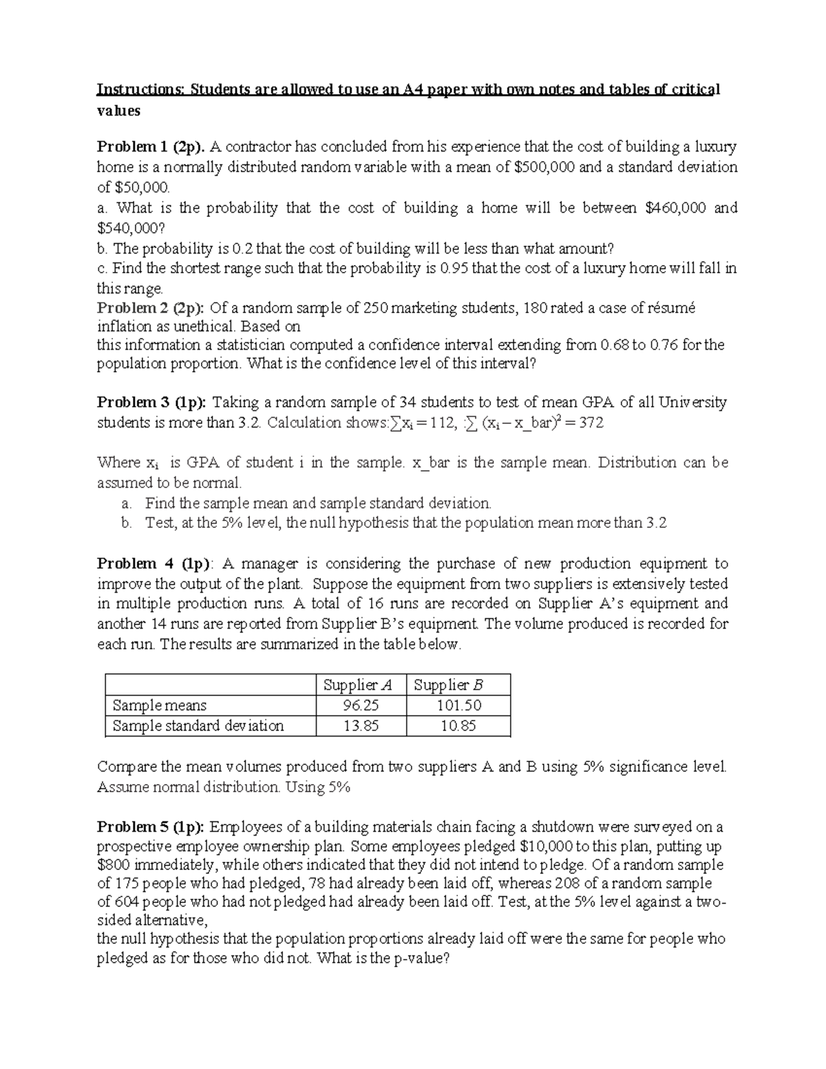 Sample Test BS - vvvvvvvvvvvvvvvvv - Instructions: Students are allowed ...