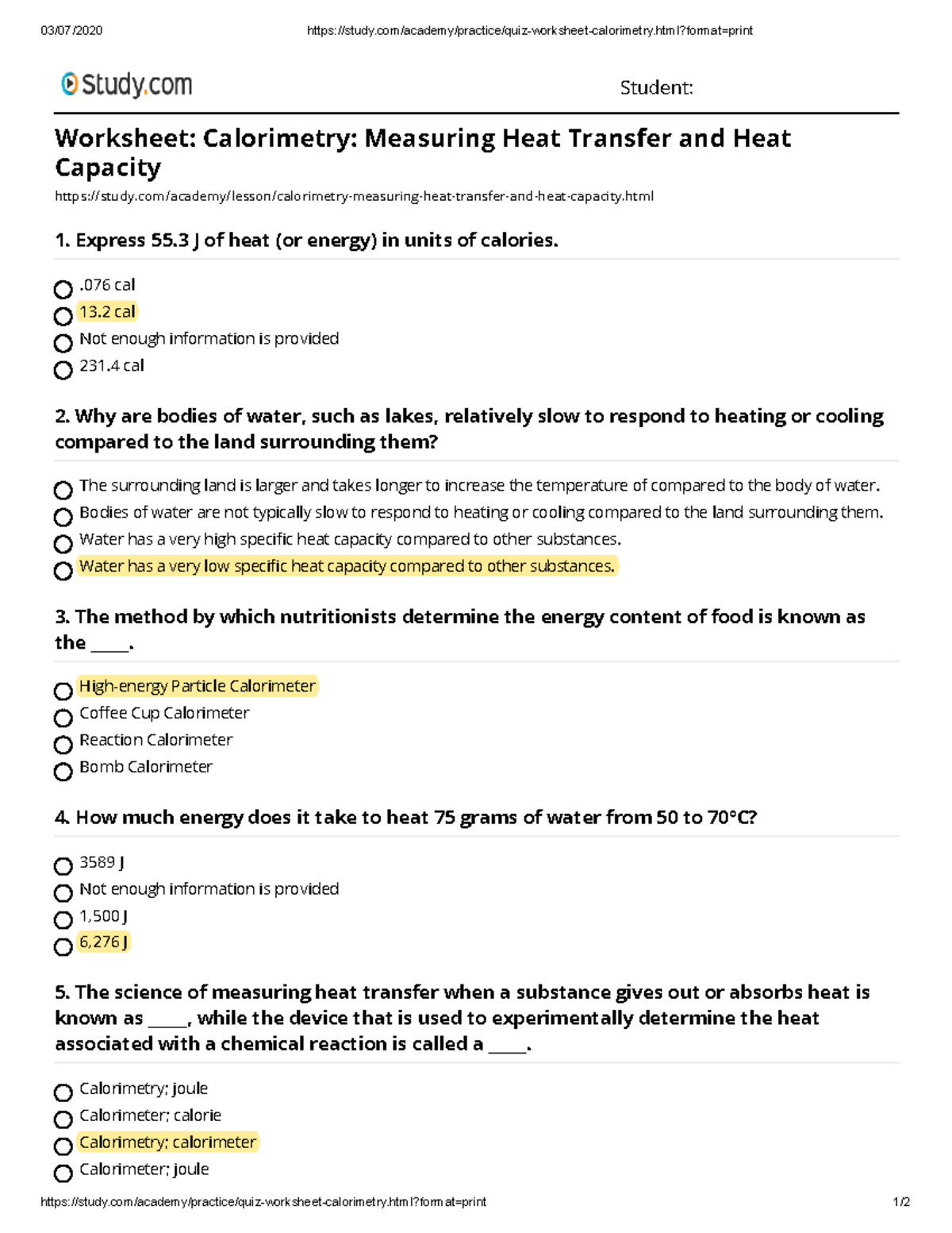 Quiz-worksheet-calorimetry u - 03/07/2020 - Studocu