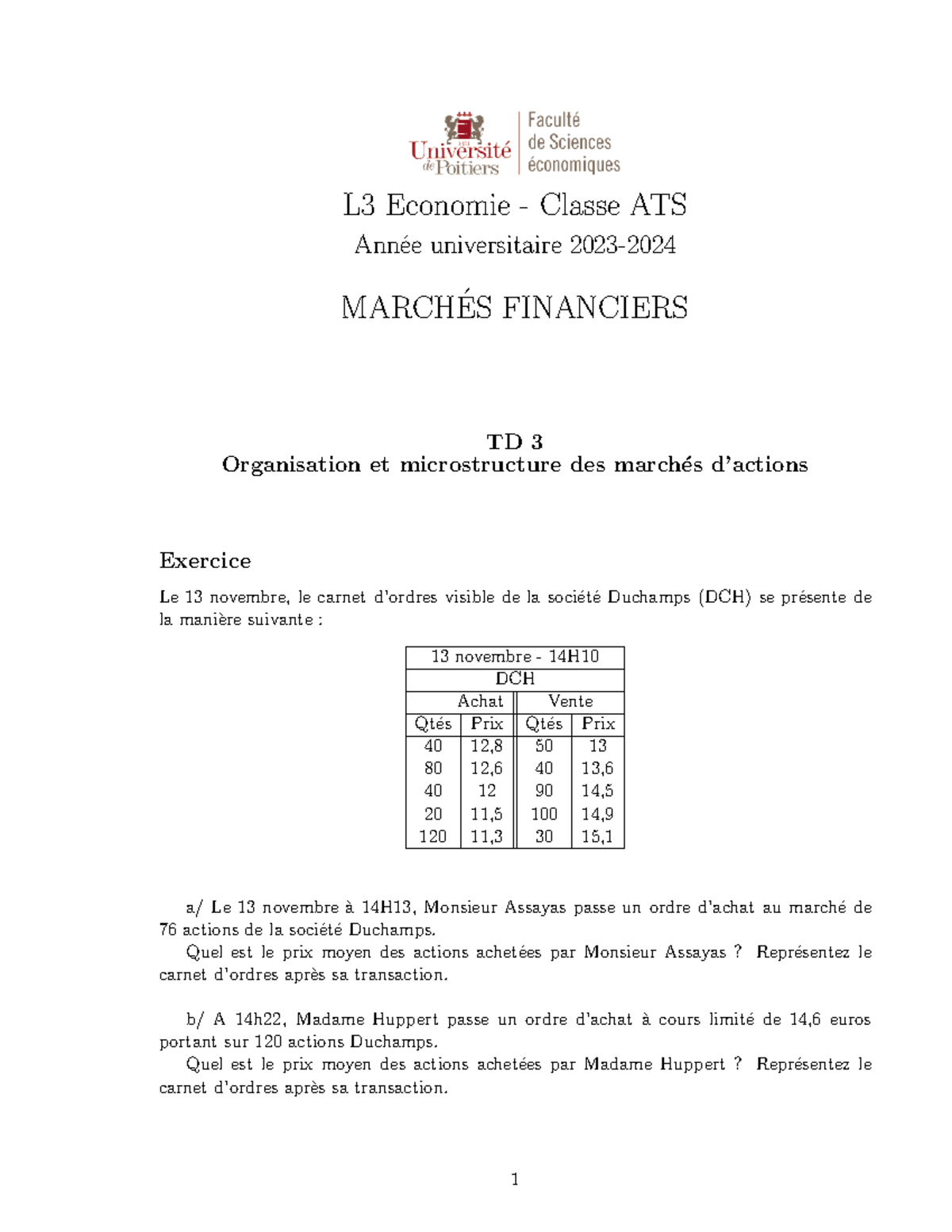 TD3 L3 Marchés Financiers - L3 Economie - Classe ATS Ann ́ee universitaire 2023- MARCH ́ES - Studocu