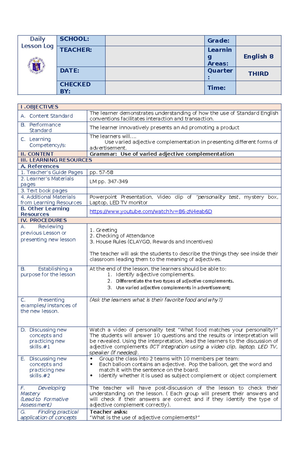 DLP English 8 QTR3 - Daily Lesson Log SCHOOL: Grade: TEACHER: Learnin g ...