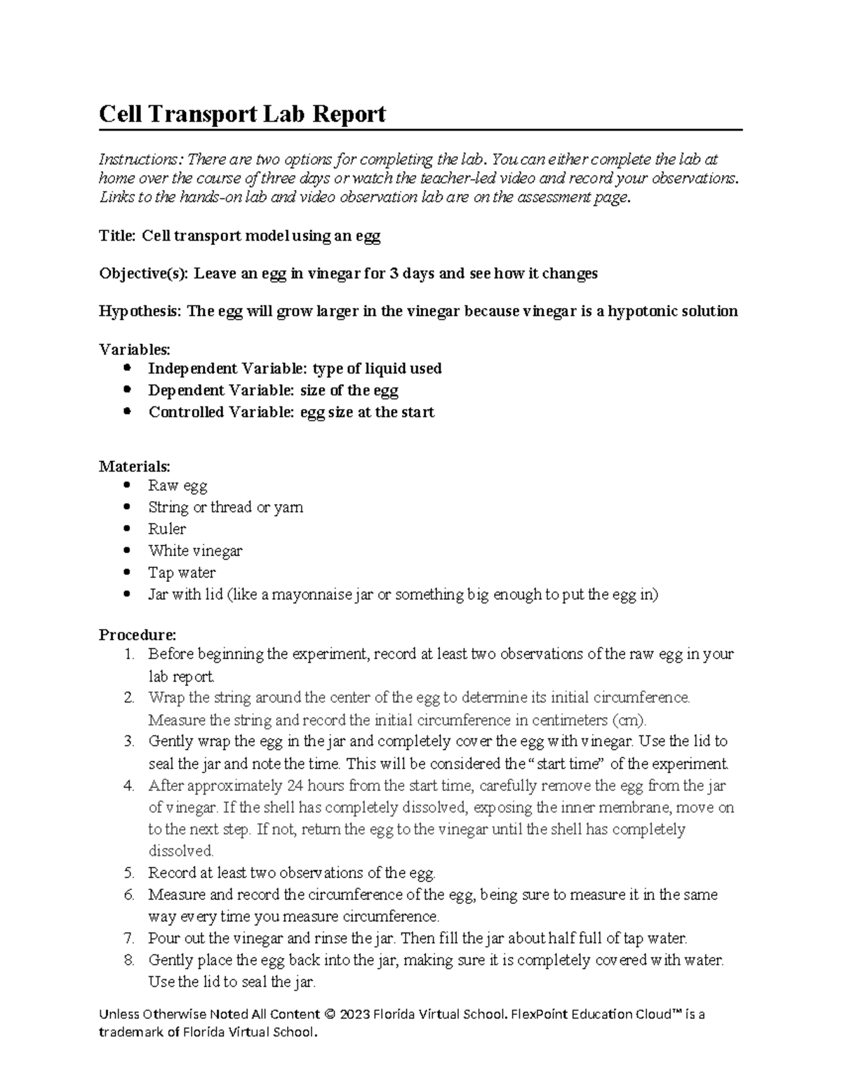 02 04 cell transport lab report - Cell Transport Lab Report Instructions: There are two options ...