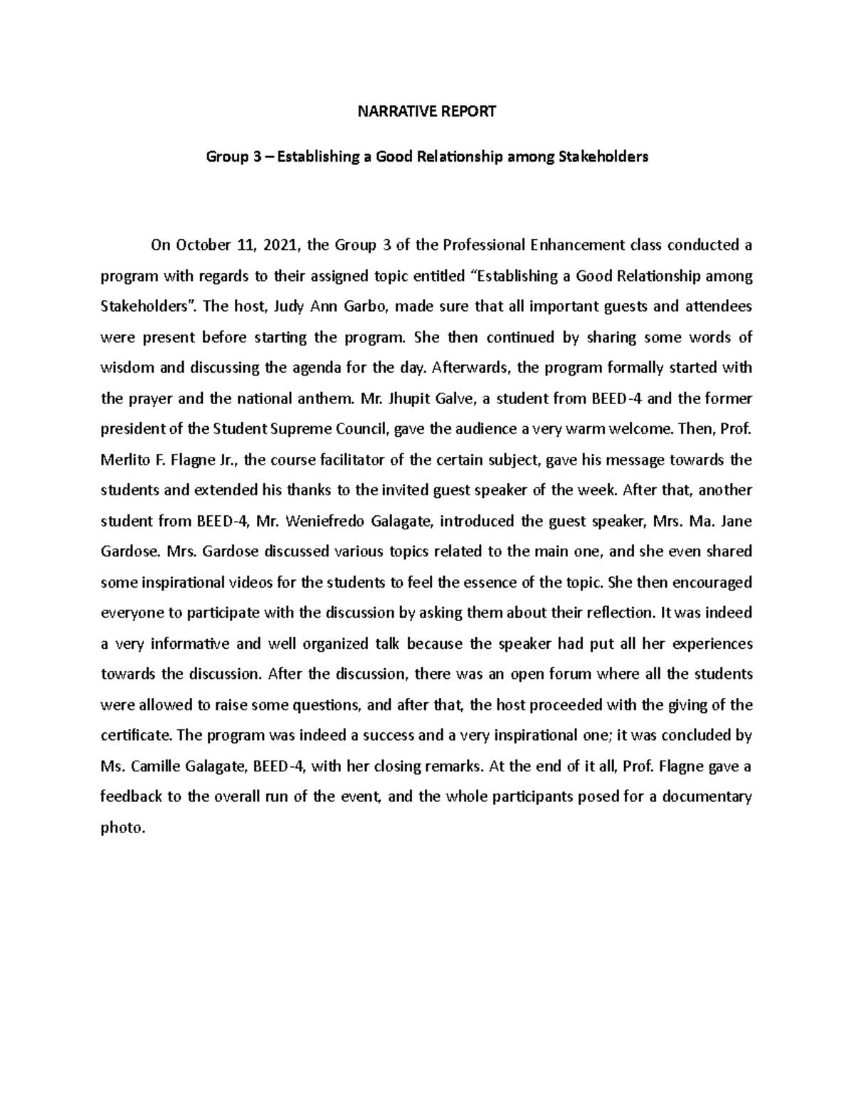 Narrative-Report-Group-3 - NARRATIVE REPORT Group 3 – Establishing a ...