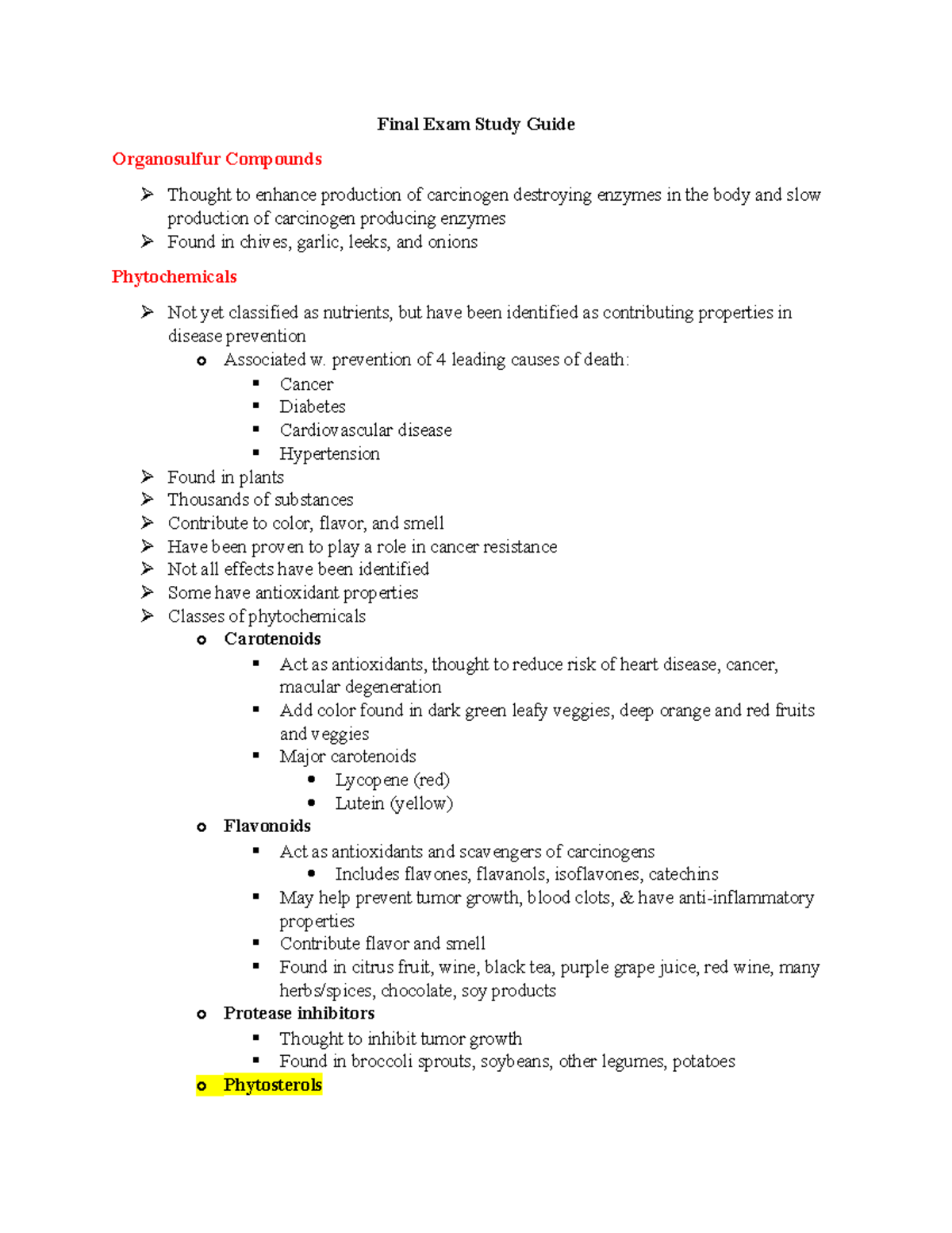 Nutrition final exam sg - Final Exam Study Guide Organosulfur Compounds ...