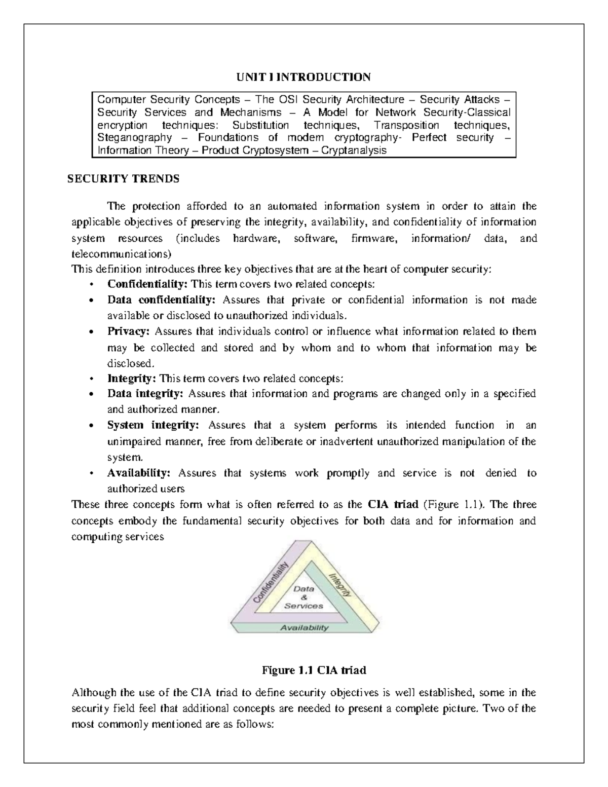 CC UNIT 1 - UNIT I INTRODUCTION Computer Security Concepts – The OSI ...