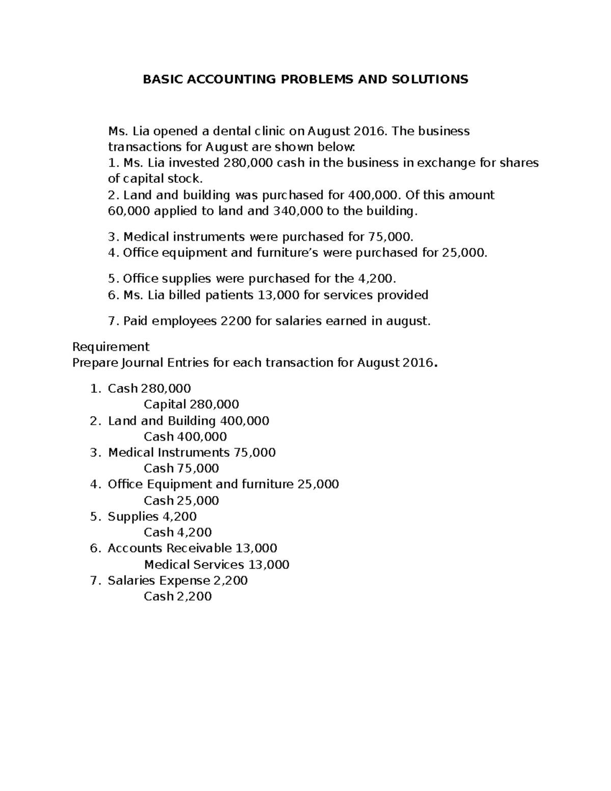  Basic Accounting Problems AND Solutions BASIC ACCOUNTING PROBLEMS