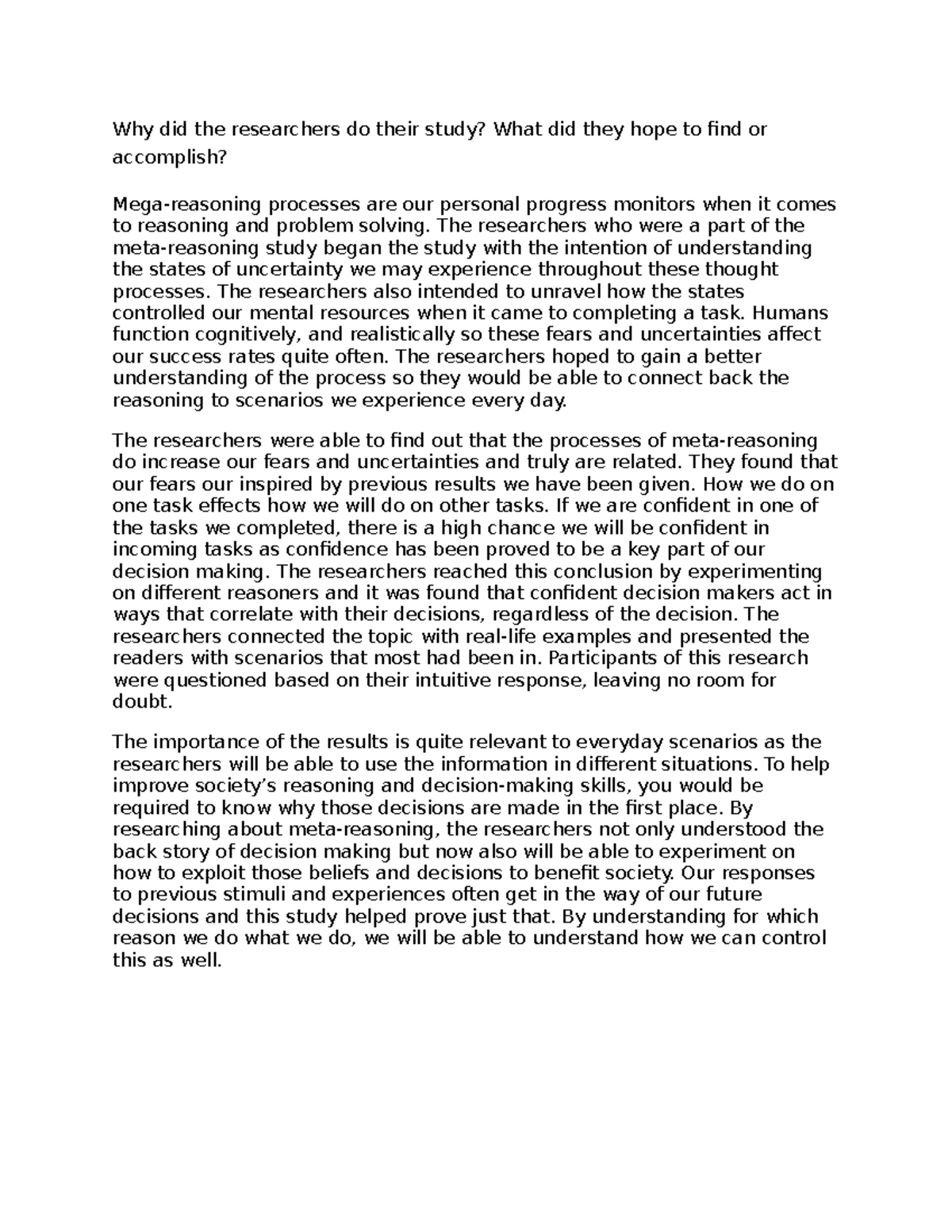 Article 1 - Lecture notes 1 - Why did the researchers do their study ...