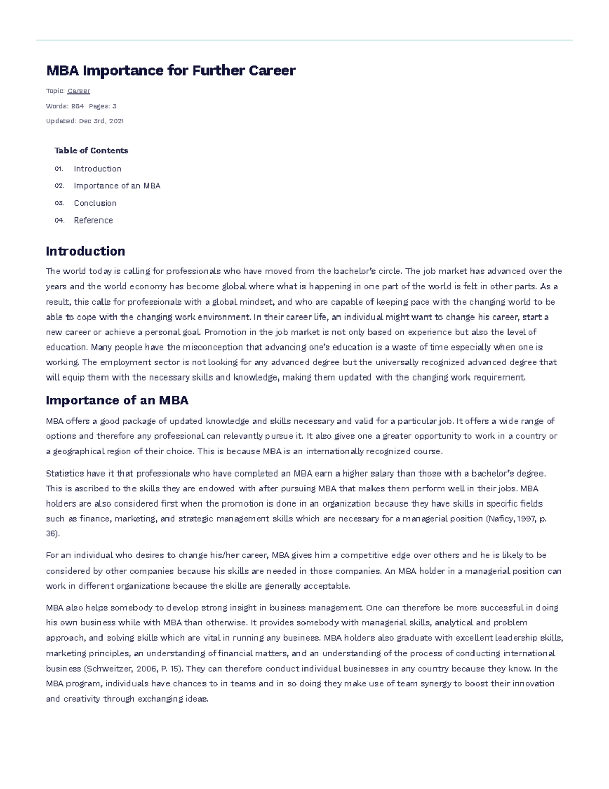 MBA Importance for Further Career Free Essay Example - MBA Importance ...