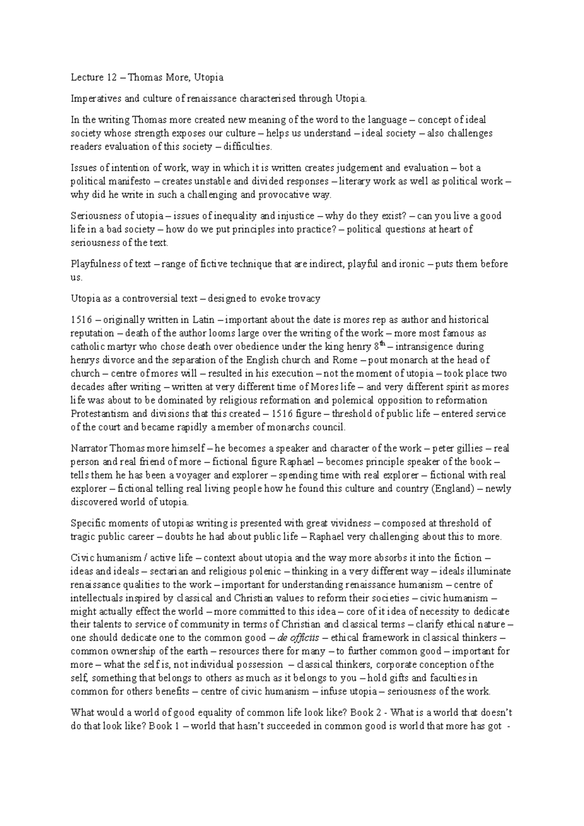 Lecture 11 Utopia - Lecture 12 – Thomas More, Utopia Imperatives and ...