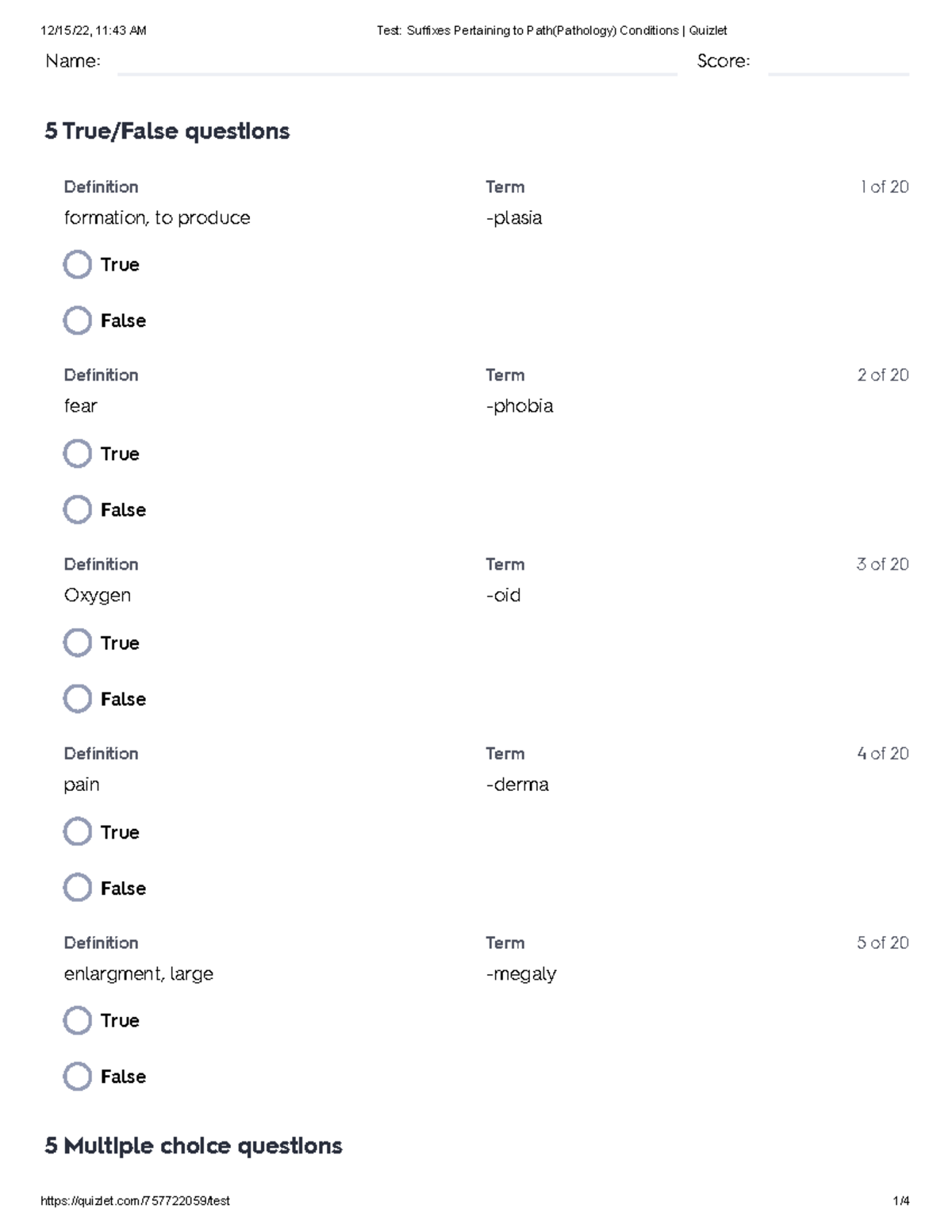 Test Suffixes Pertaining to Path(Pathology) Conditions Quizlet - Name ...