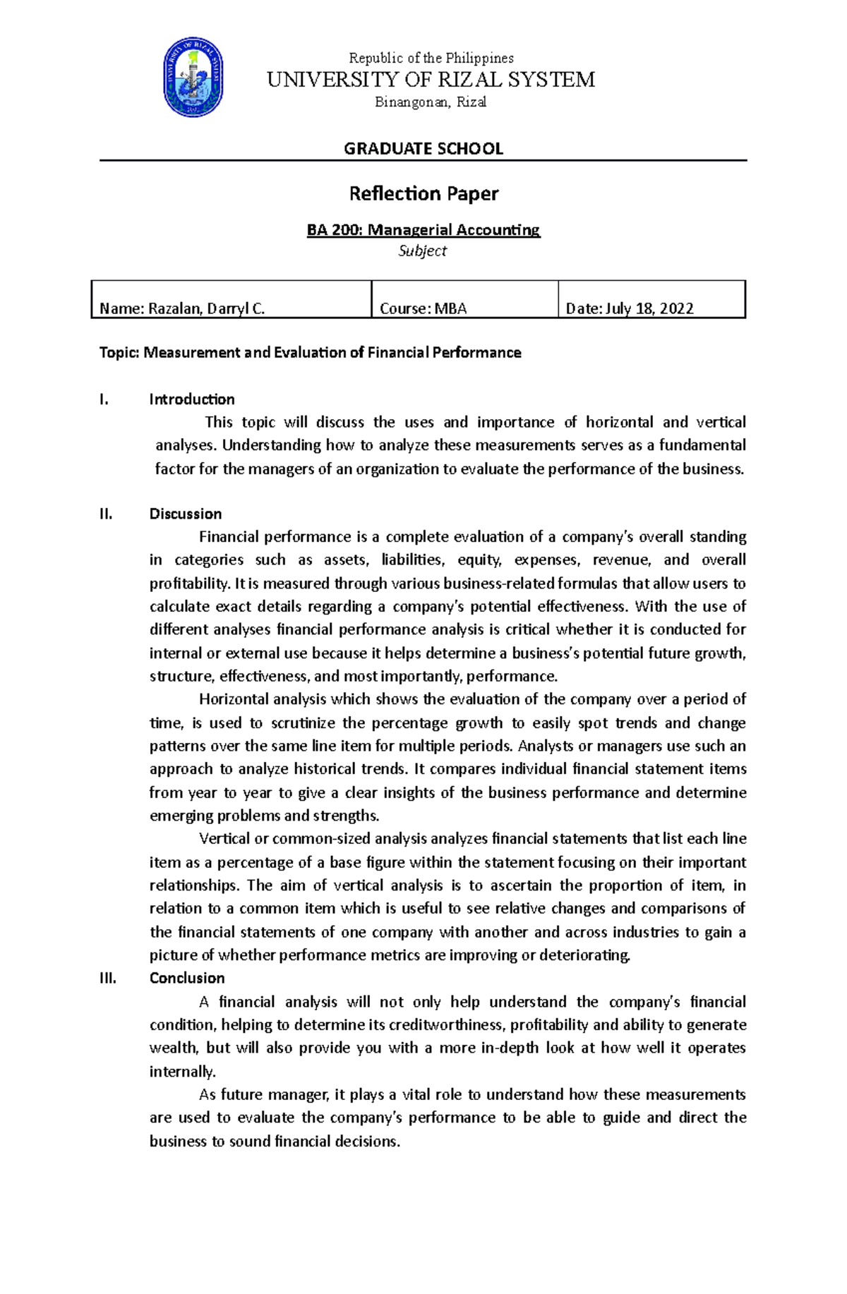 Razalan, Darryl C. - Reflection Paper Form (Measurement and Evaluation ...