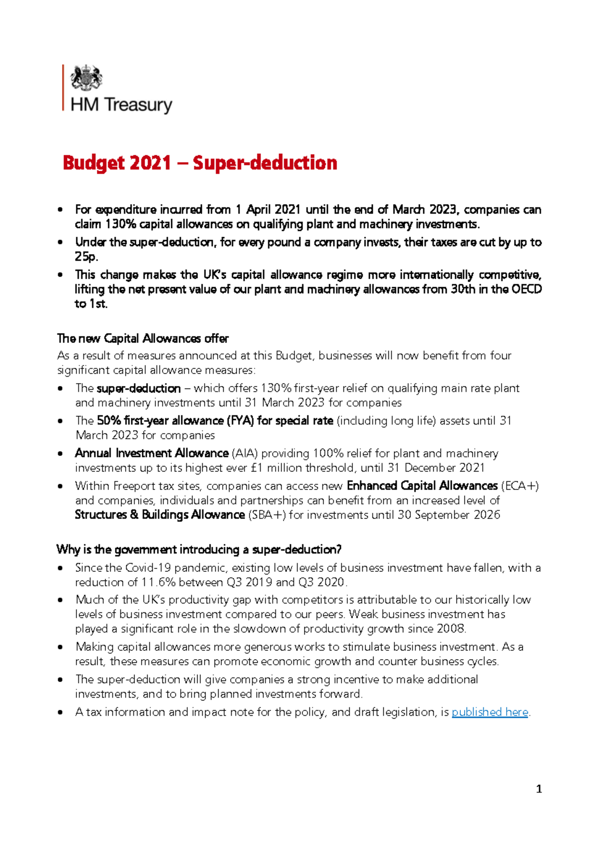 Super deduction factsheet - 1 Budget 20 21 – Super-deduction For ...